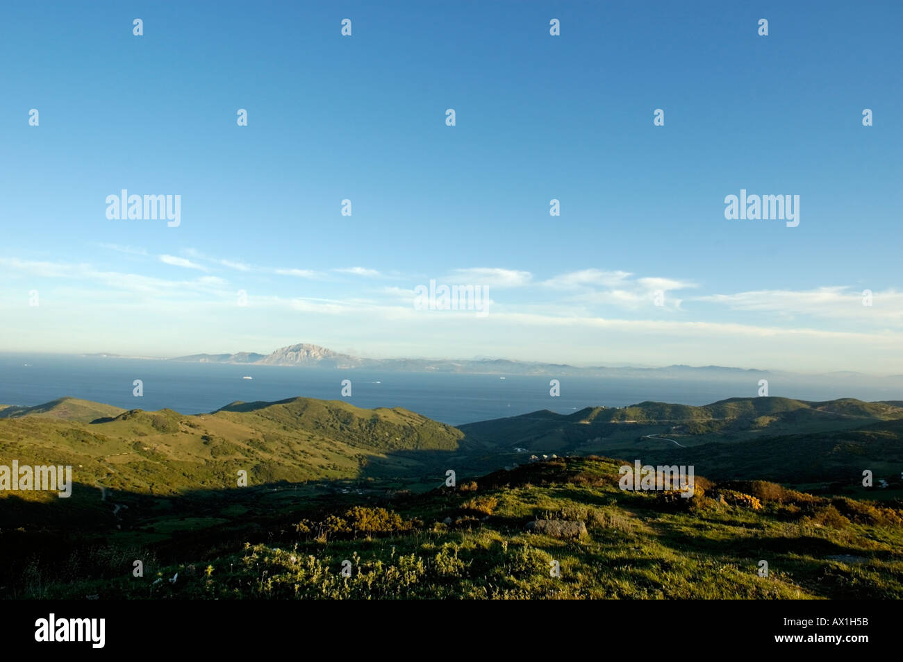 Strait of Gibraltar and African coast of Morocco, seen from Mirador del ...