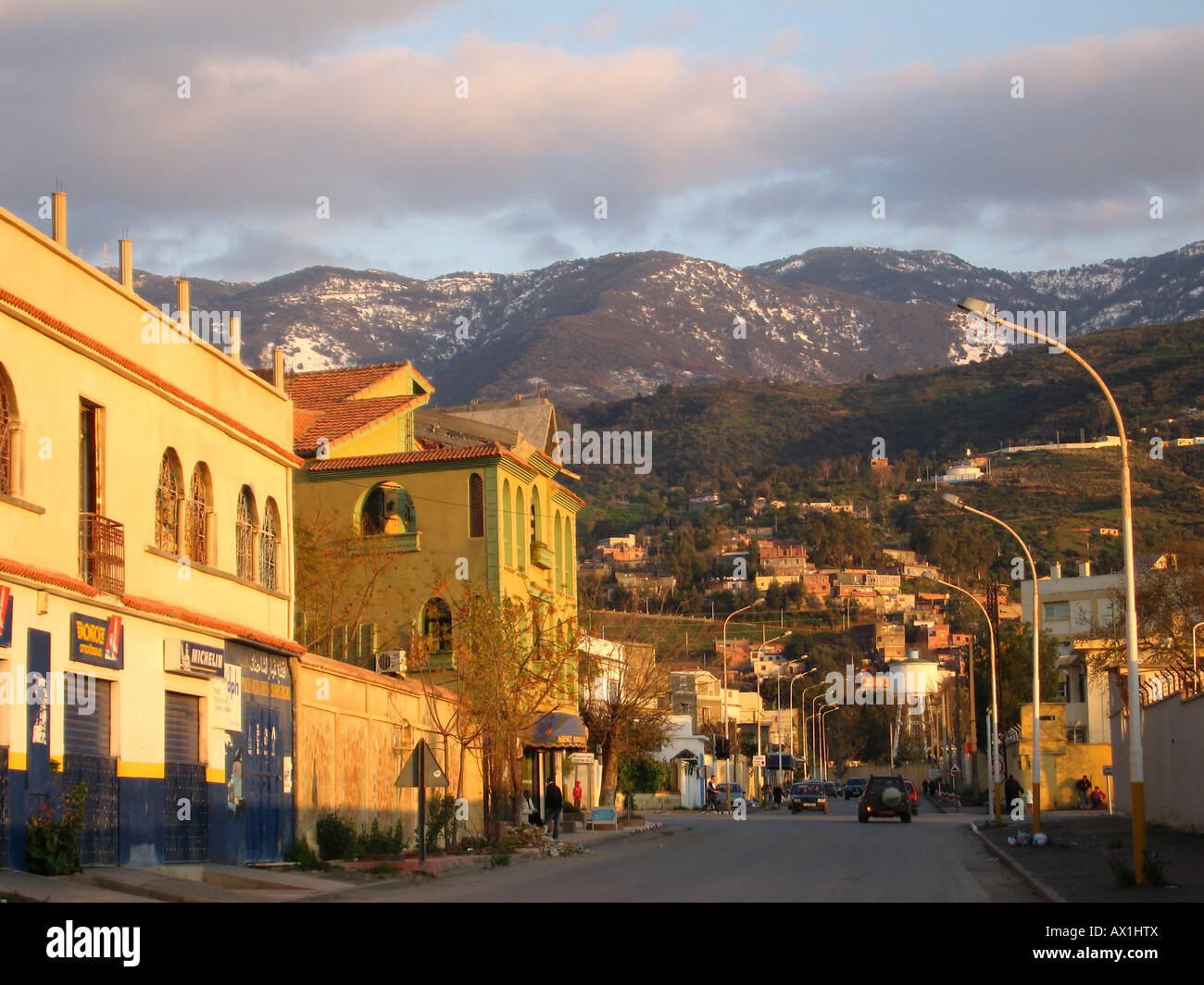 Street view of Blida town and back Chréa mountains at springtime ...