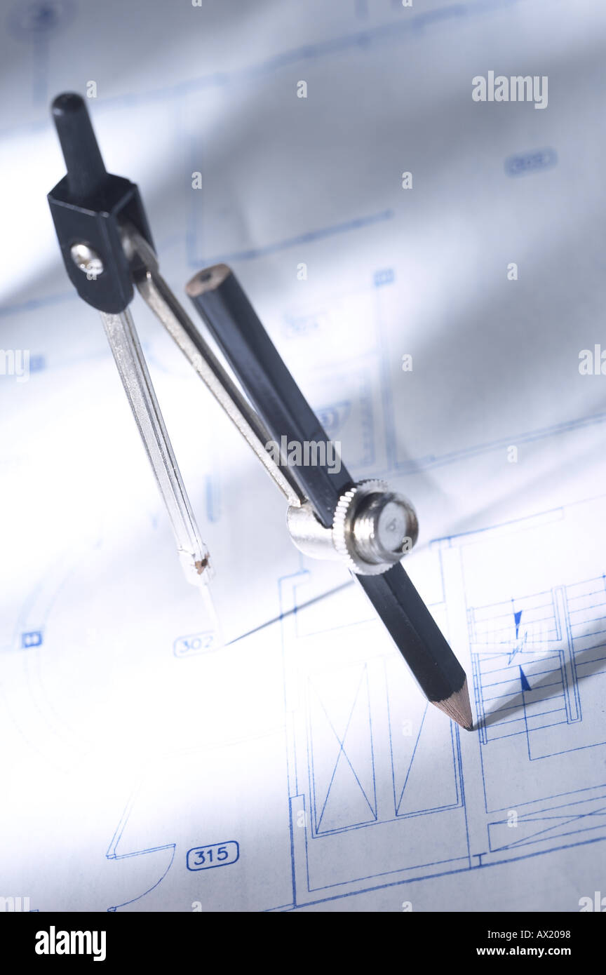 Pencil in protractor designing blueprints Stock Photo - Alamy