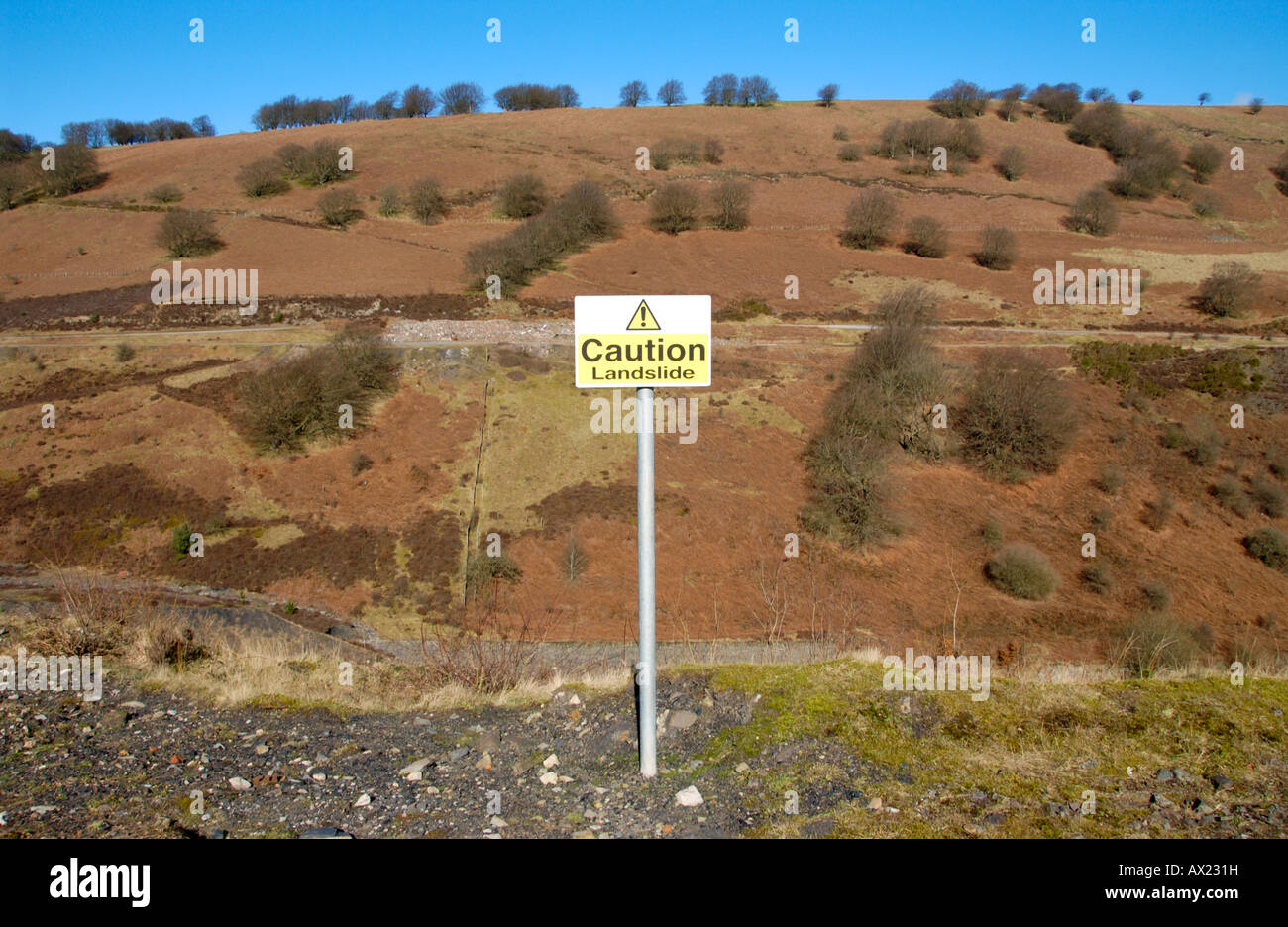 CAUTION LANDSLIDE sign on coal tip at former Blaenserchan Colliery ...