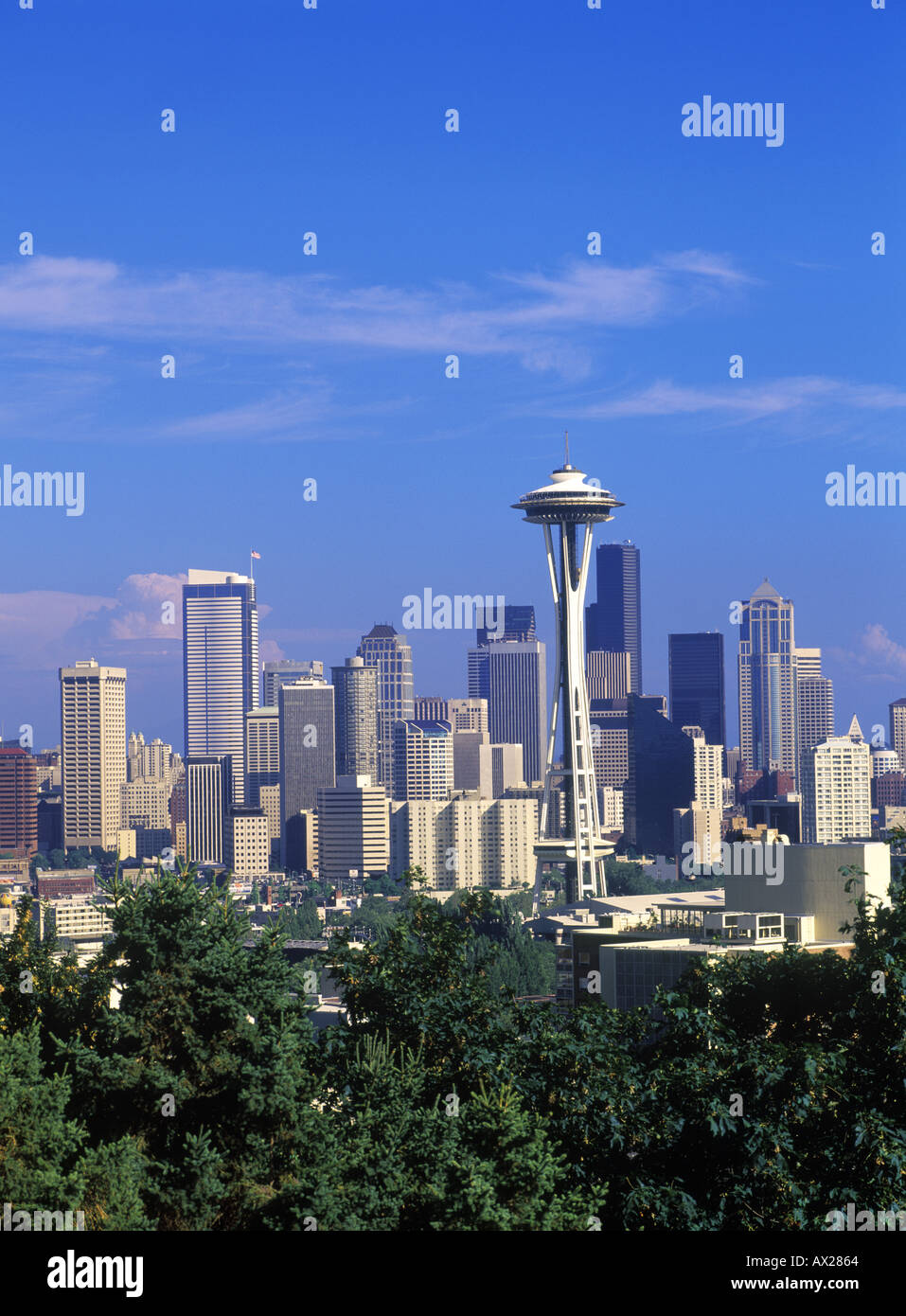 USA Washington State seattle skyline from Queen Anne Hill space needle ...