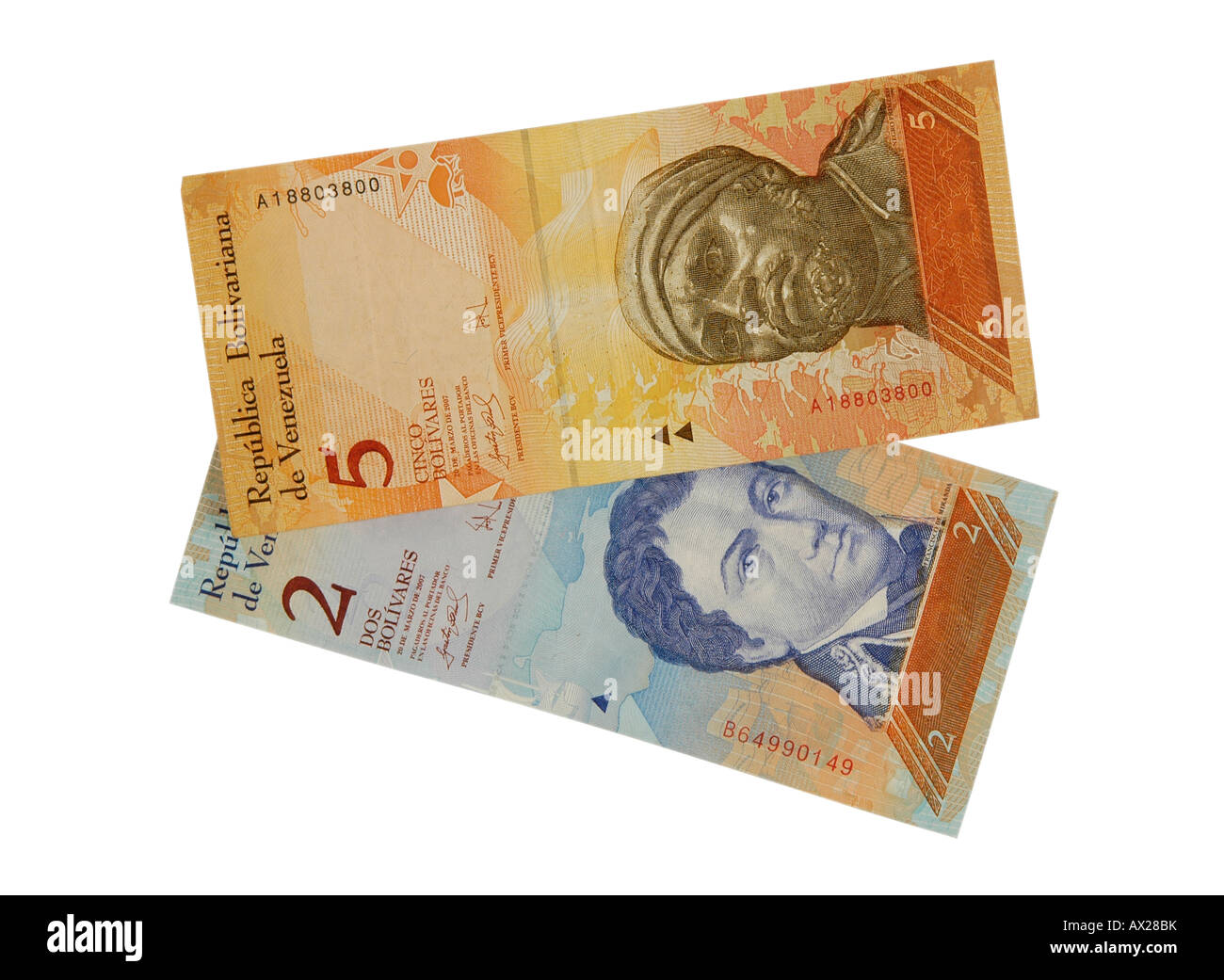 2 and 5 Bolivares banknotes official Venezuelan currency Stock Photo ...