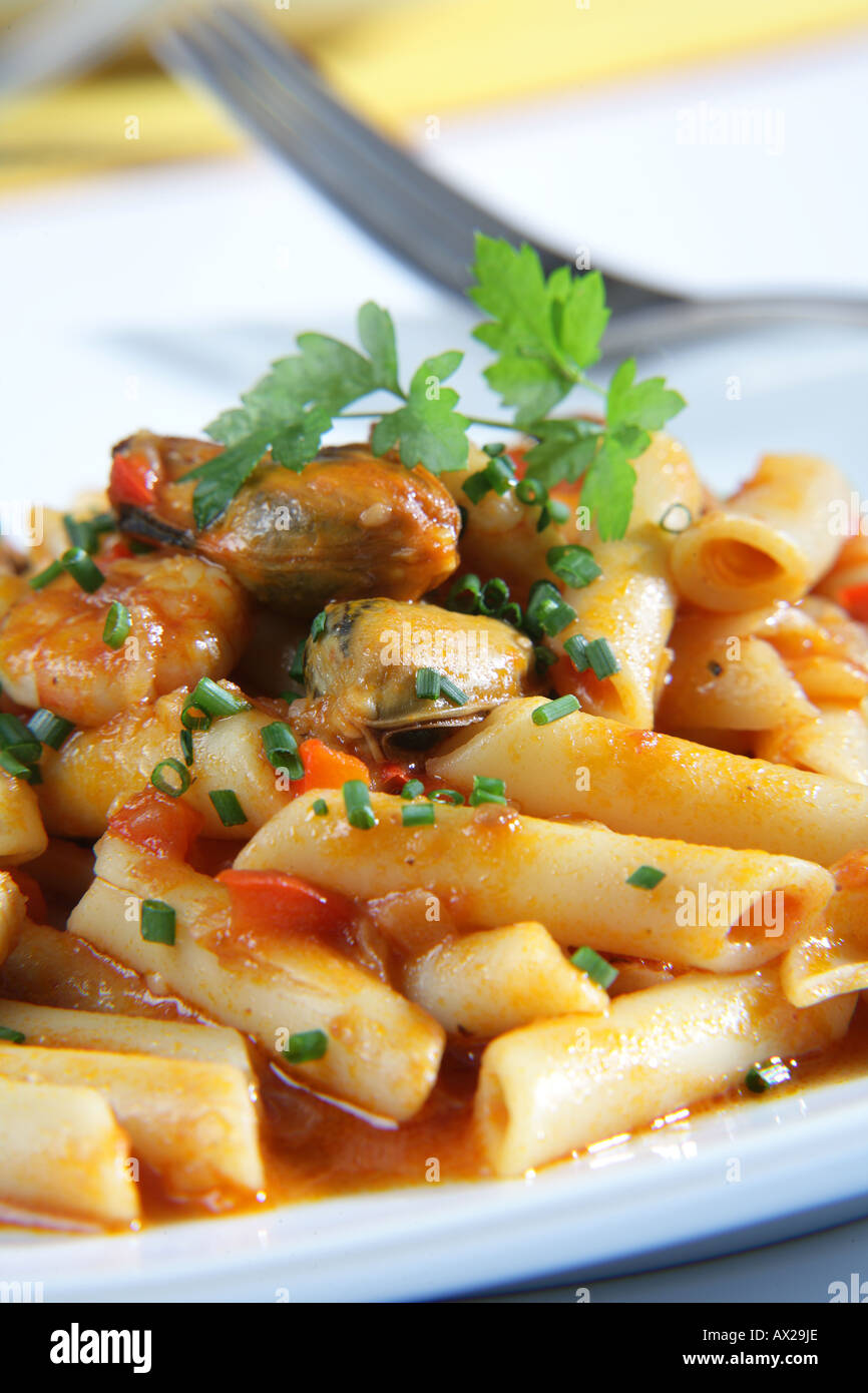 Penne with fish and seafood Stock Photo - Alamy