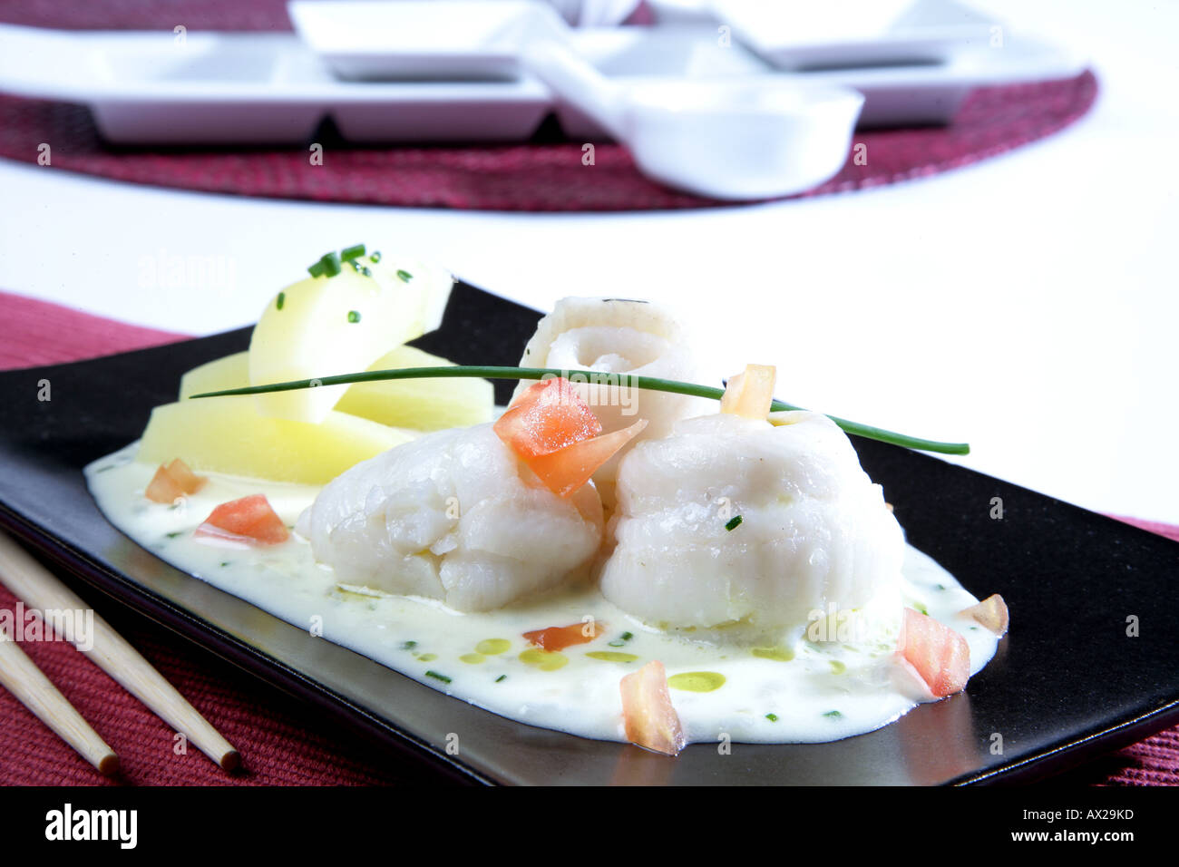 Steamed sole fillets with red wine sauce Stock Photo - Alamy