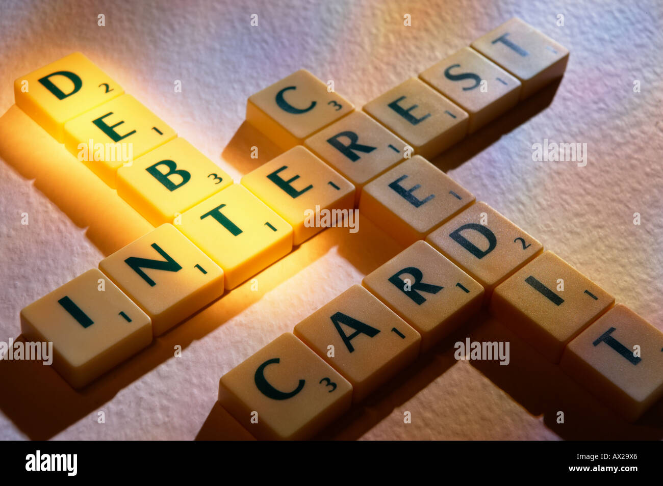 SCRABBLE BOARD GAME LETTERS SPELLING CREDIT CARD INTEREST DEBT Stock ...