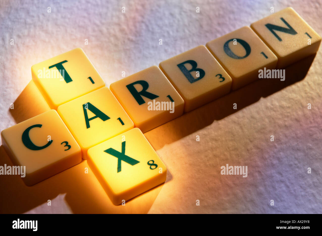 SCRABBLE BOARD GAME LETTERS SPELLING CARBON TAX Stock Photo - Alamy
