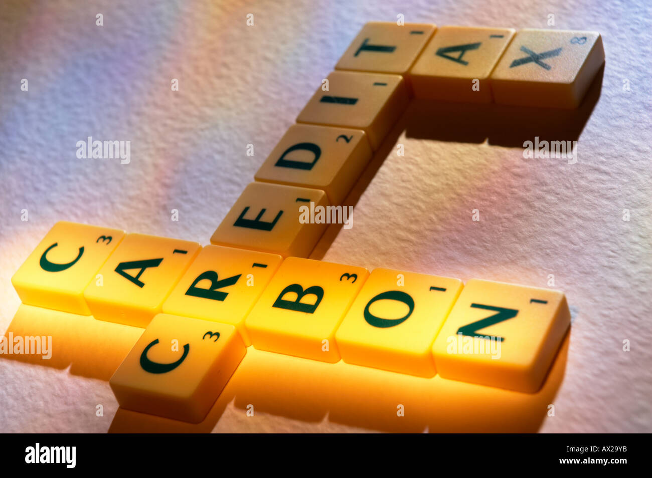 SCRABBLE BOARD GAME LETTERS SPELLING CARBON CREDIT TAX Stock Photo - Alamy