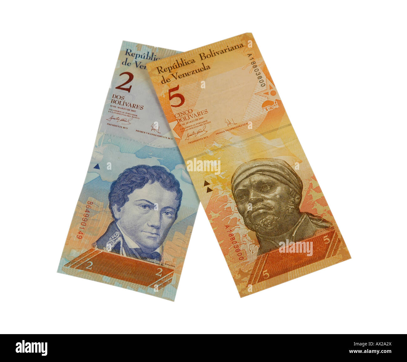 2 and 5 Bolivares banknotes official Venezuelan currency Stock Photo ...