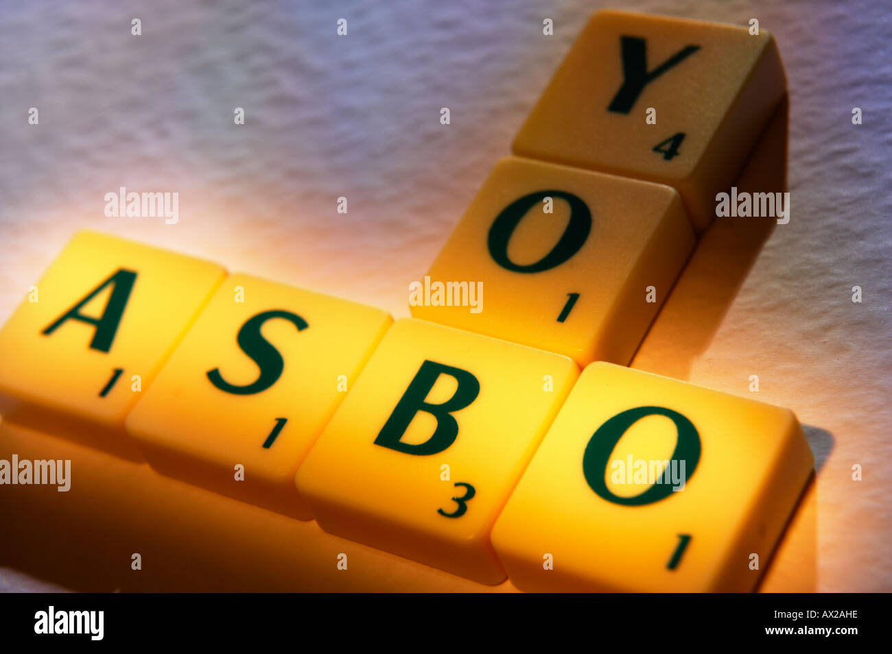 SCRABBLE BOARD GAME LETTERS SPELLING ASBO YOB Stock Photo - Alamy