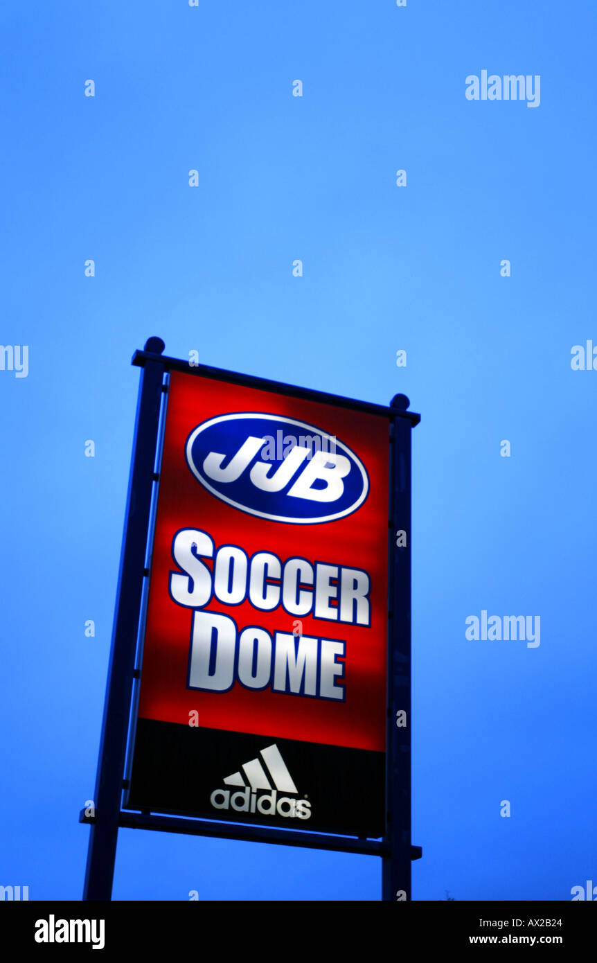 The illuminated sign of the JJB soccer dome at Trafford Manchester ...