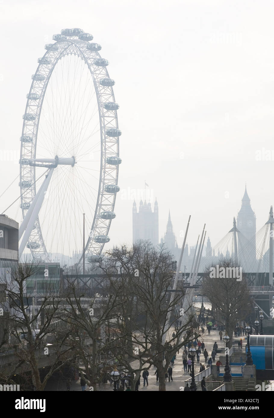 View of the London Eye from the South Bank on Waterloo Bridge looking ...