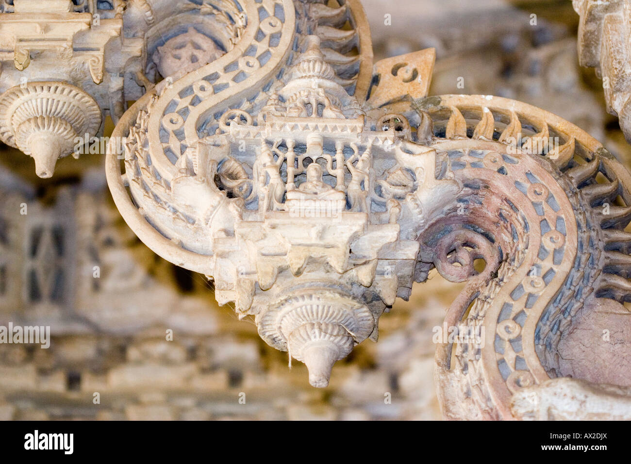 detail of stone carving inside Jain Adinath temple Ranakpur Rajasthan ...