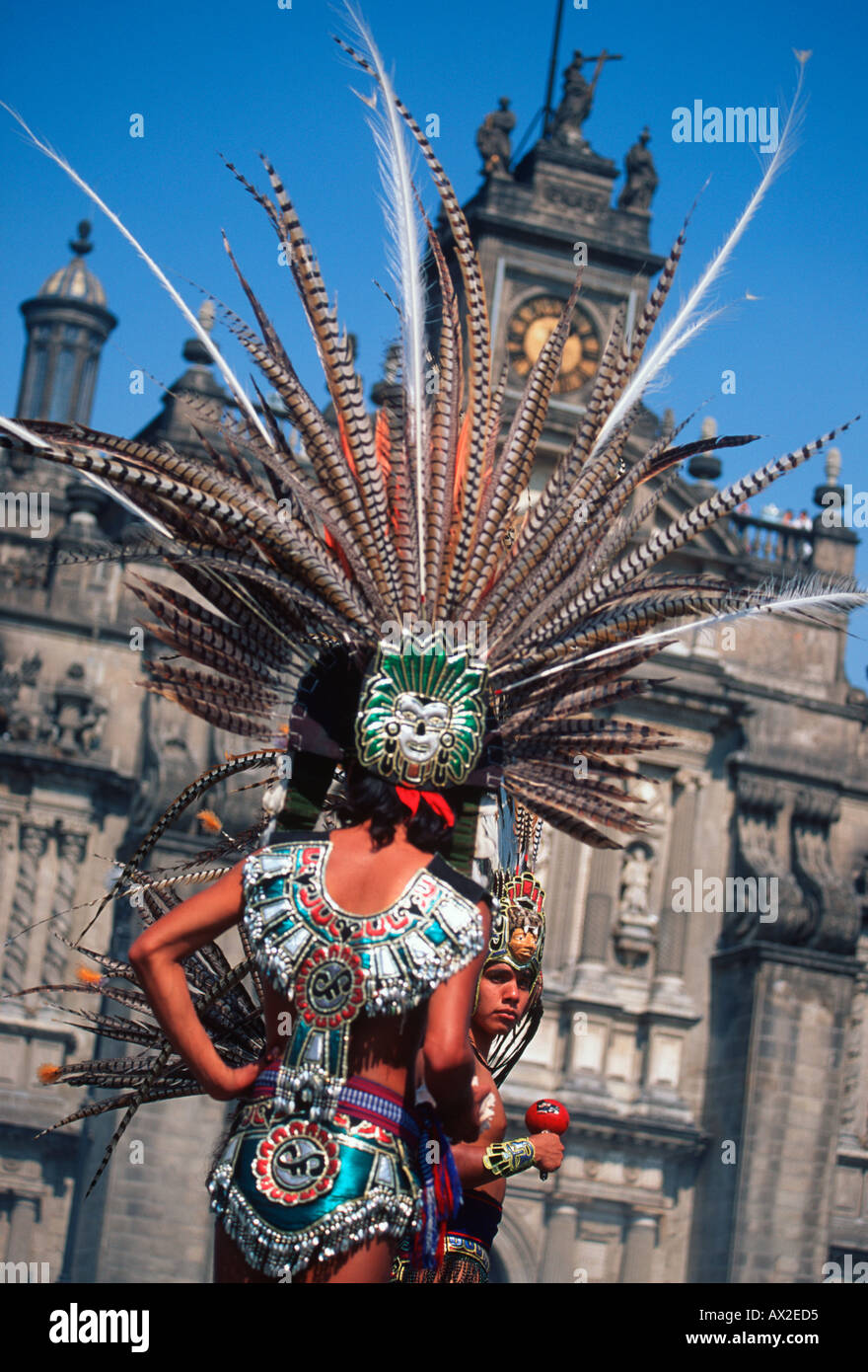 Mexico City Zocalo traditional aztec dancers at Metropolitan Cathedral ...