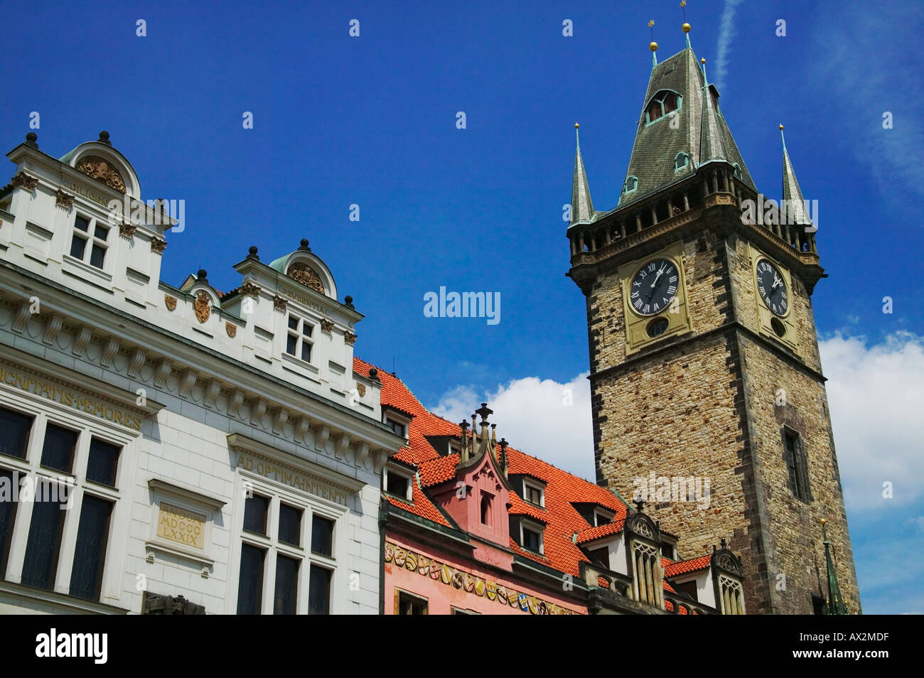 Astronomical clock tower and historical buildings in Old Town Square ...