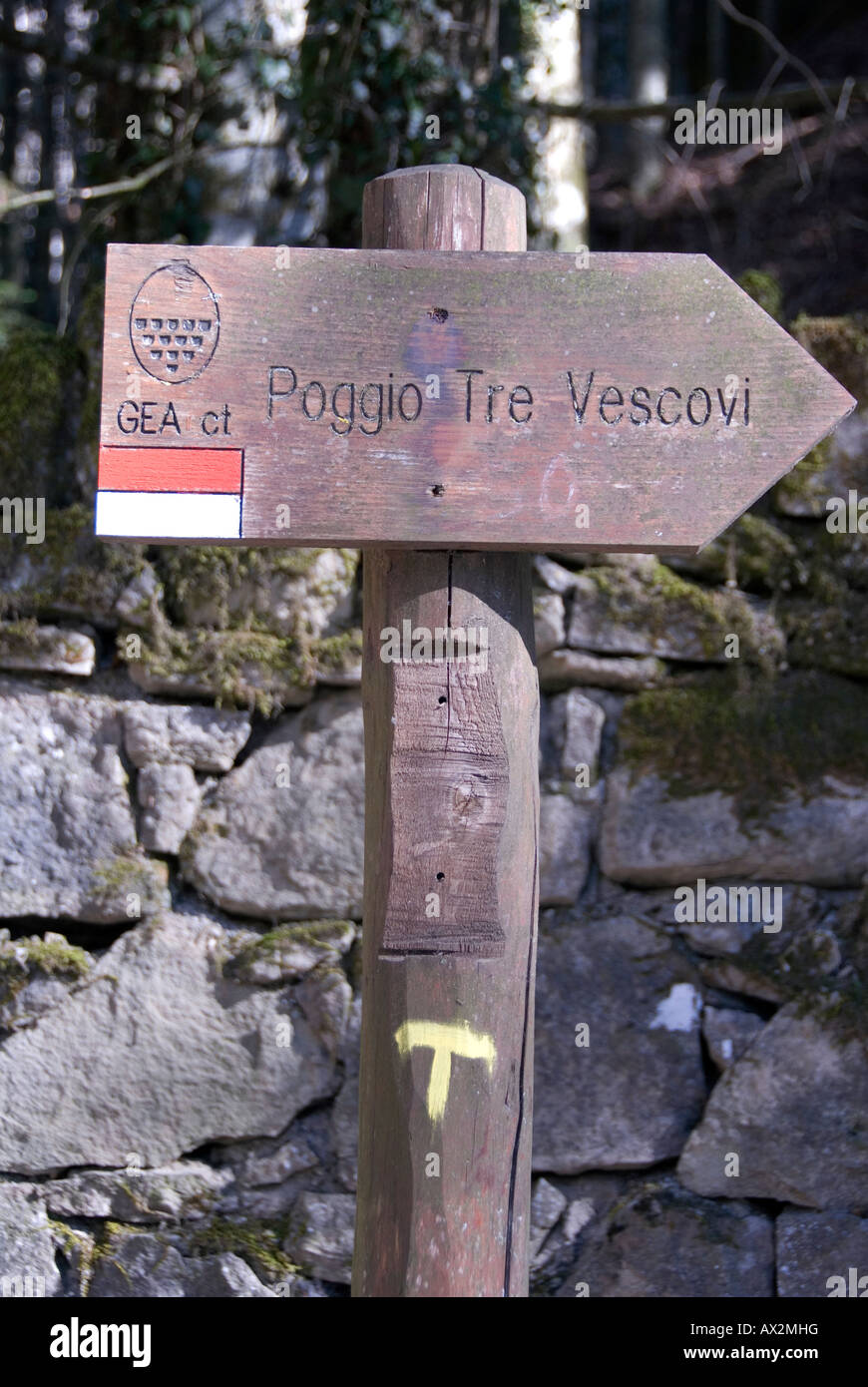 Wooden walking track sign in the Casentino Forrest in the province of ...