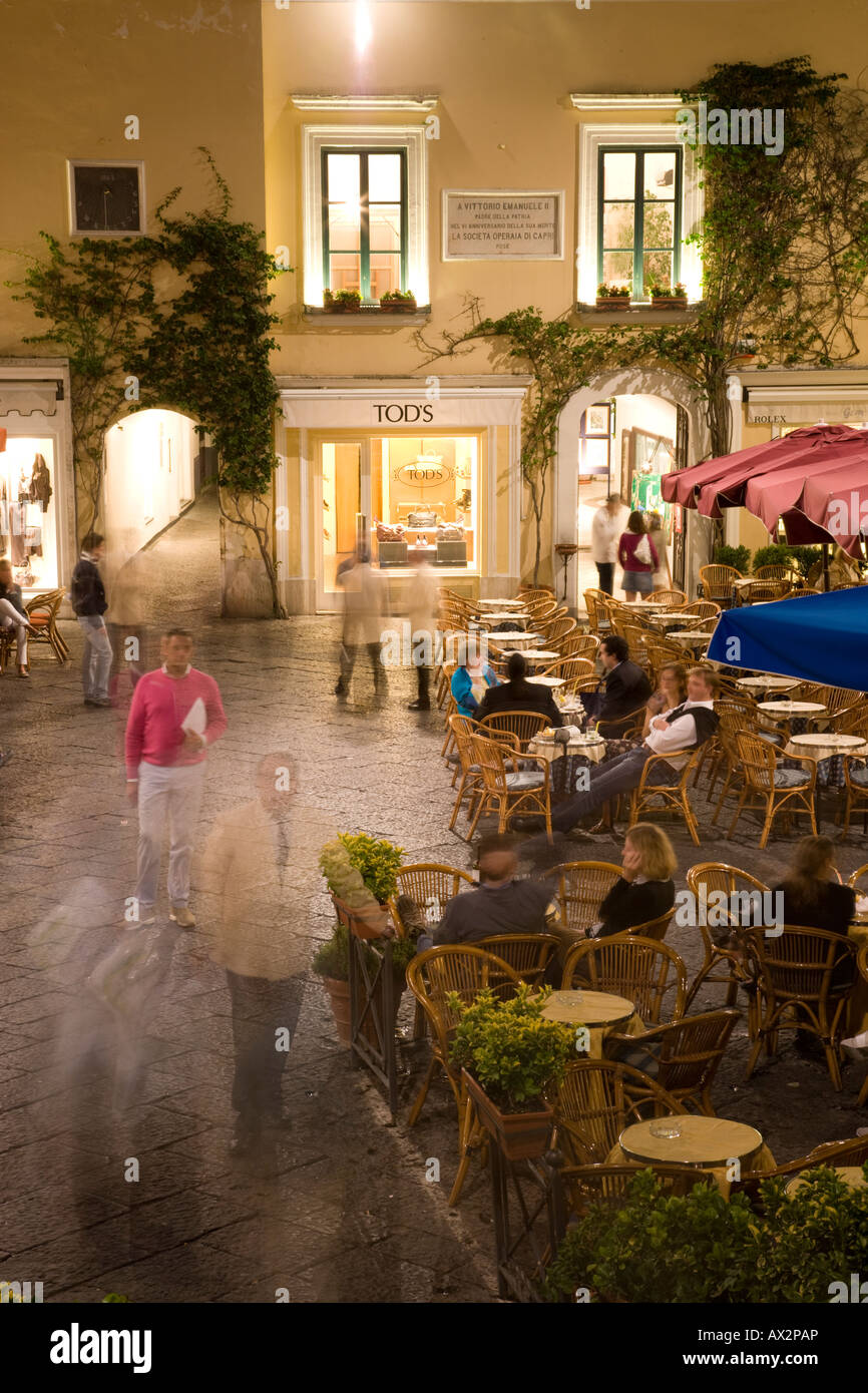 Piazza with restaurants and cafes in Capri at dusk Capri Italy Stock ...