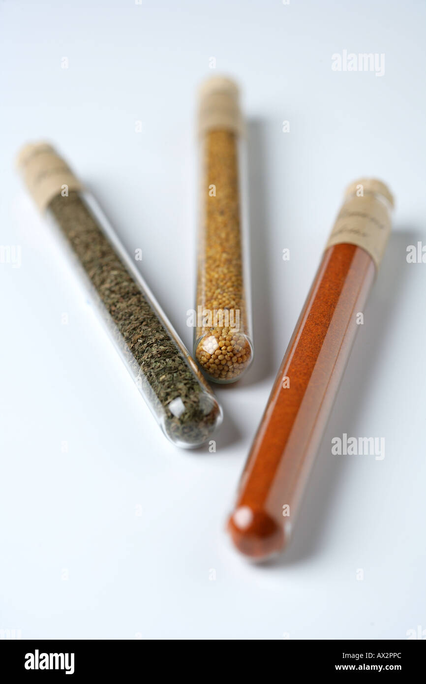 Test tubes with assorted spices sweet paprika mint and mustard seeds ...