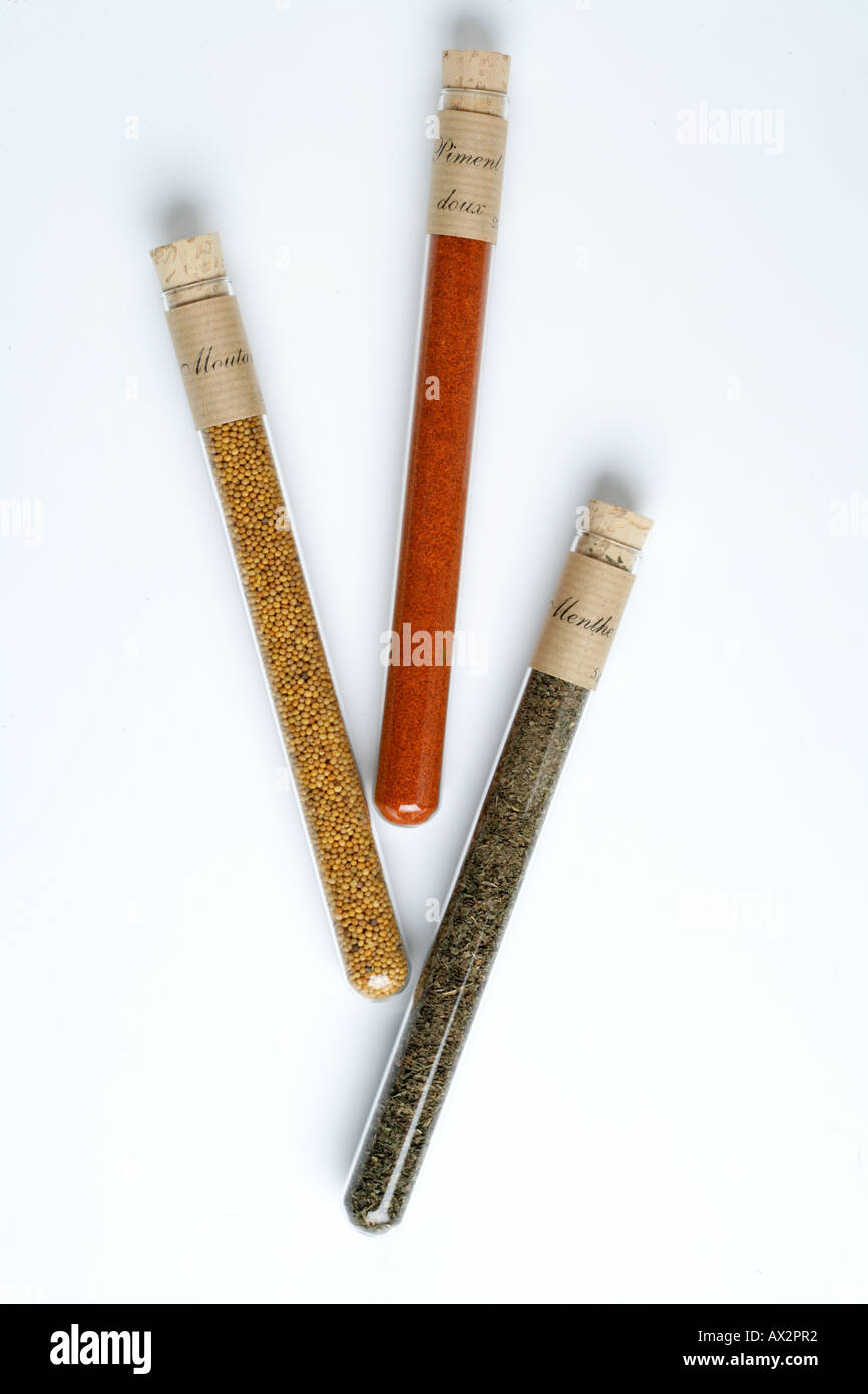 Test tubes with assorted spices sweet paprika mint and mustard seeds ...