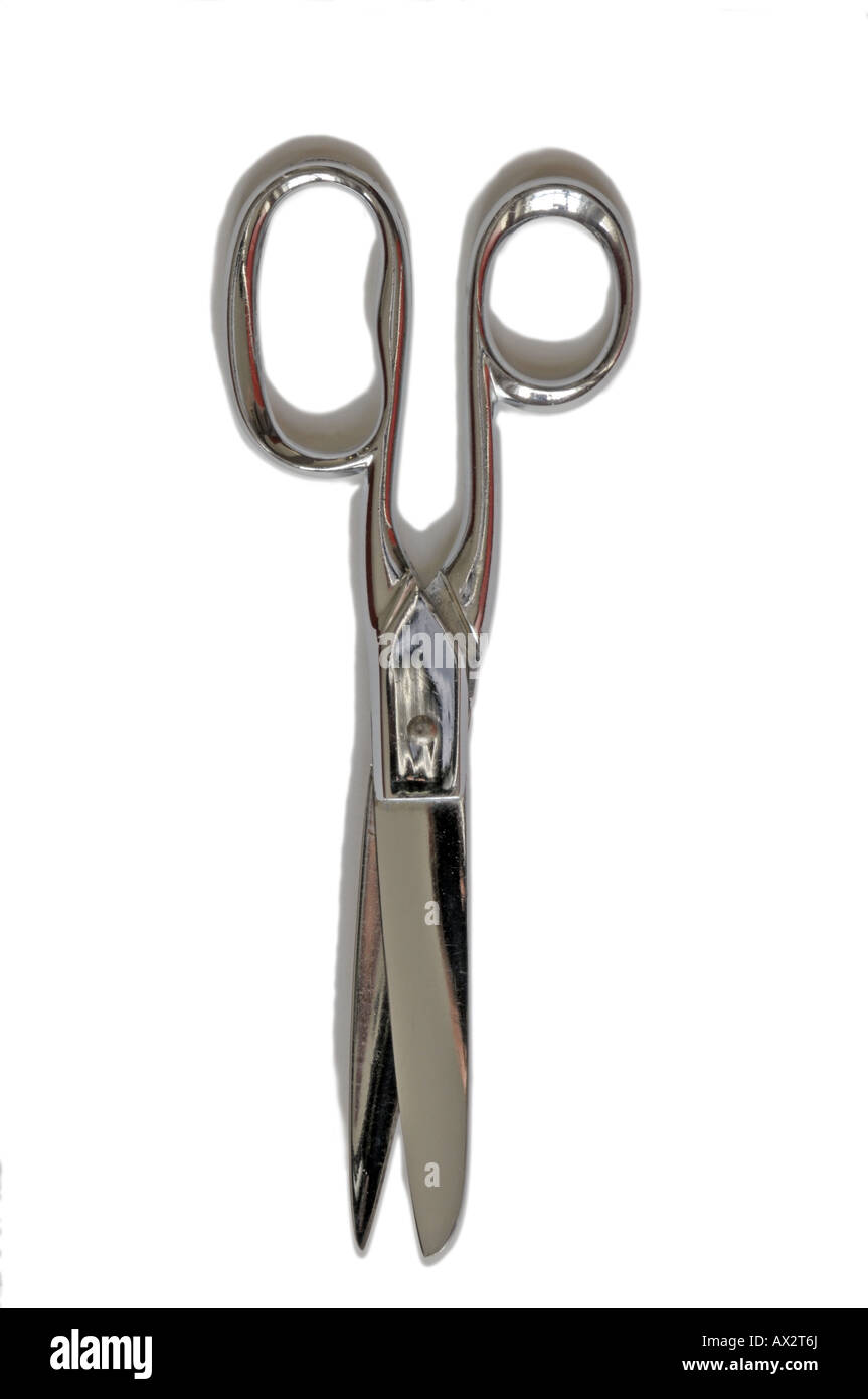 Chrome Steel scissors almost open on white background Stock Photo - Alamy
