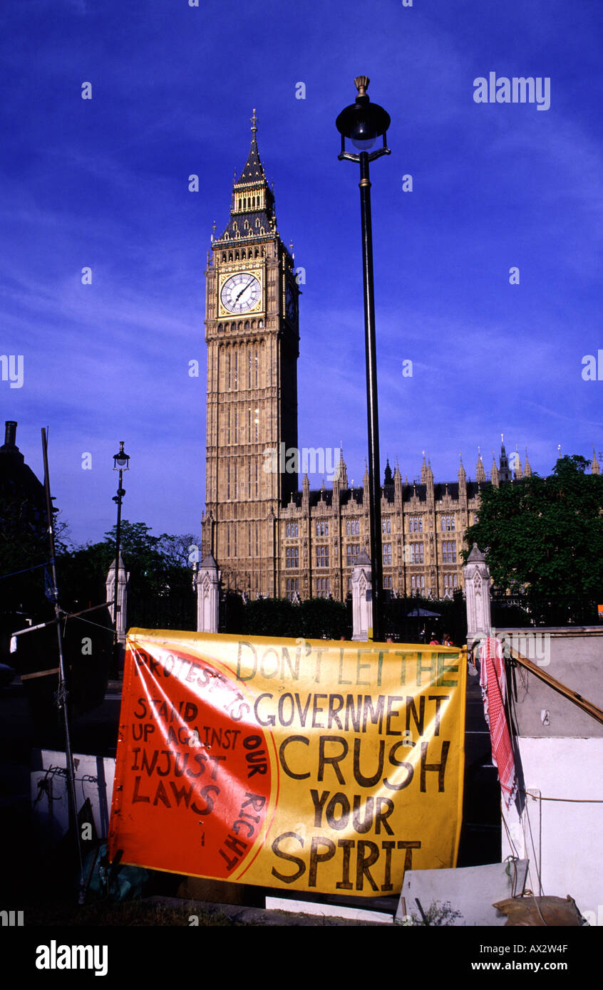 Big Ben and the Houses of Parliament and protest posters London UK ...
