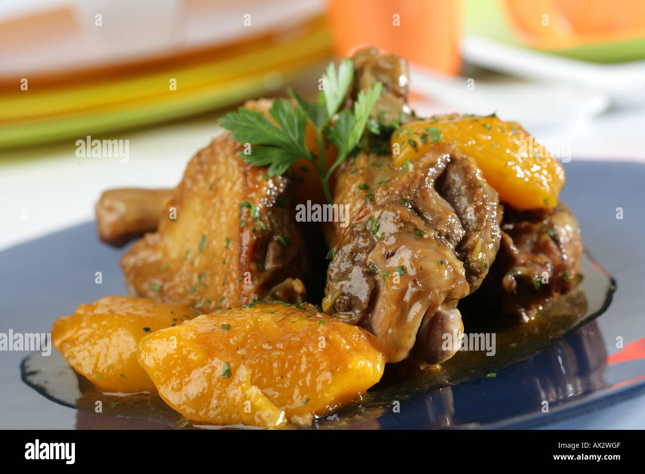 Duck with peaches Stock Photo - Alamy