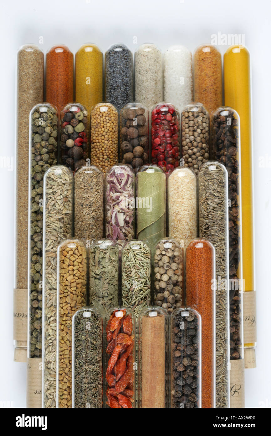 Test tubes with herbs condiments and spices Stock Photo - Alamy