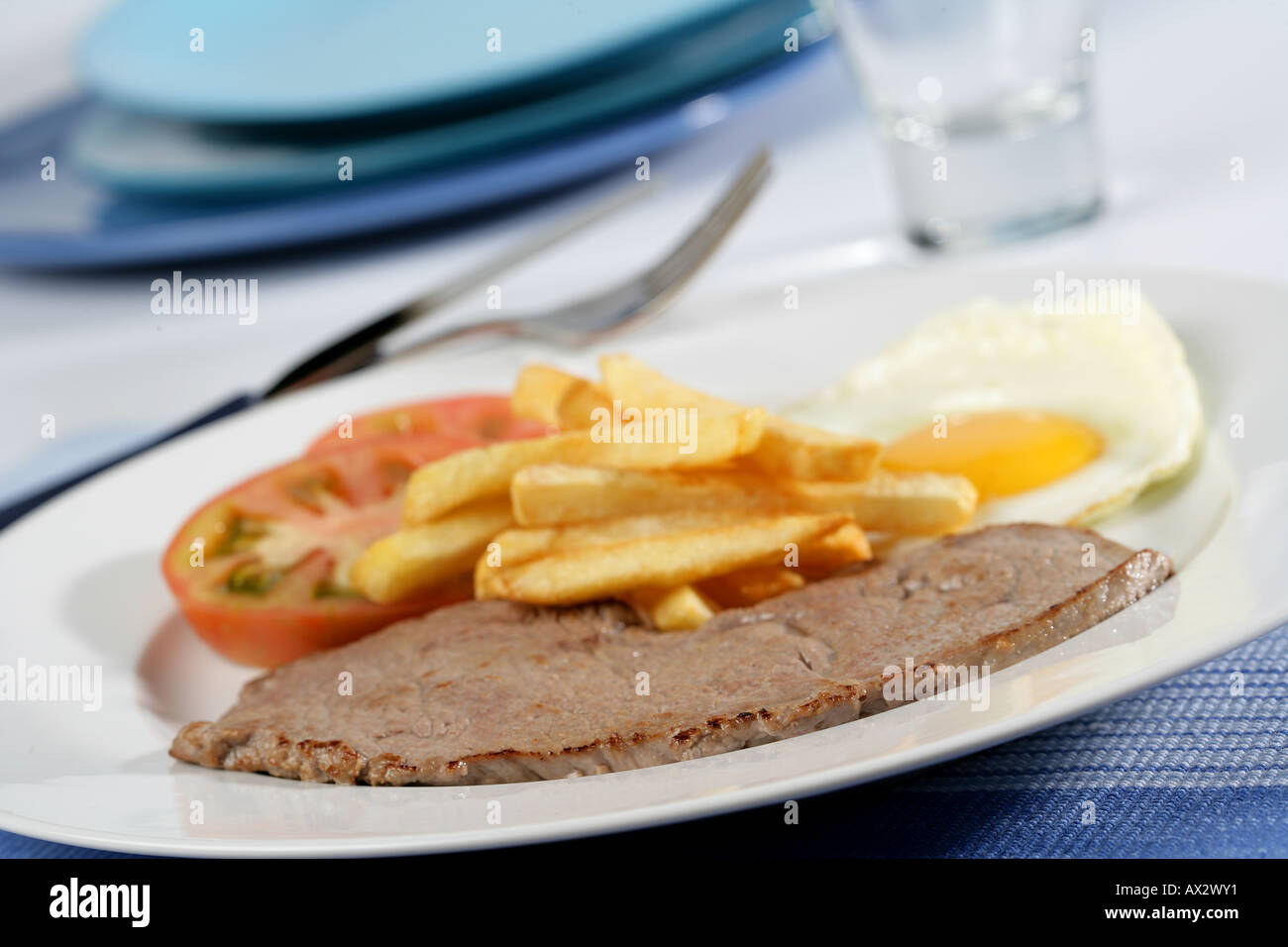 Mixed main course with with veal fillet fried egg French fries and ...