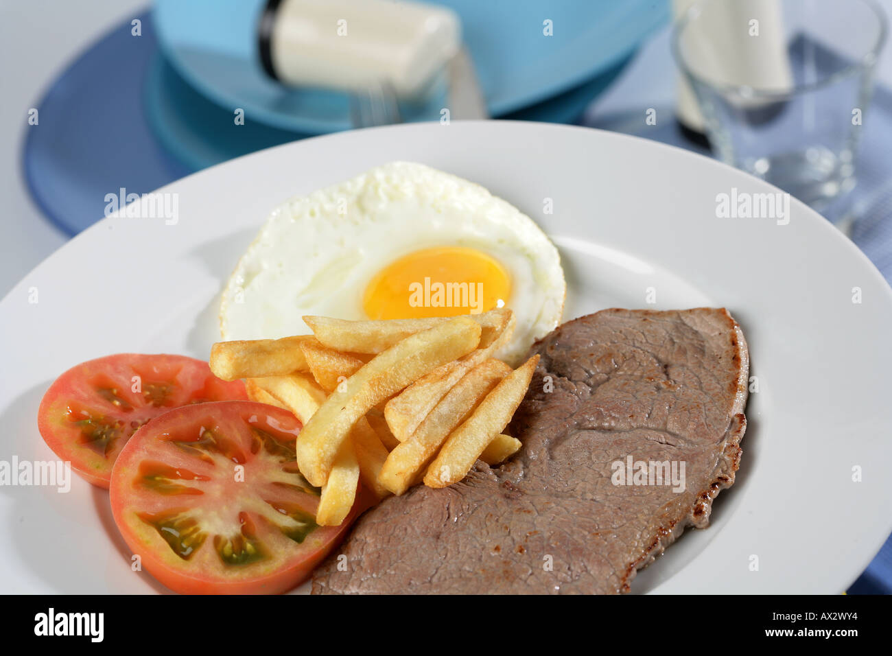 Mixed main course with with veal fillet fried egg French fries and ...