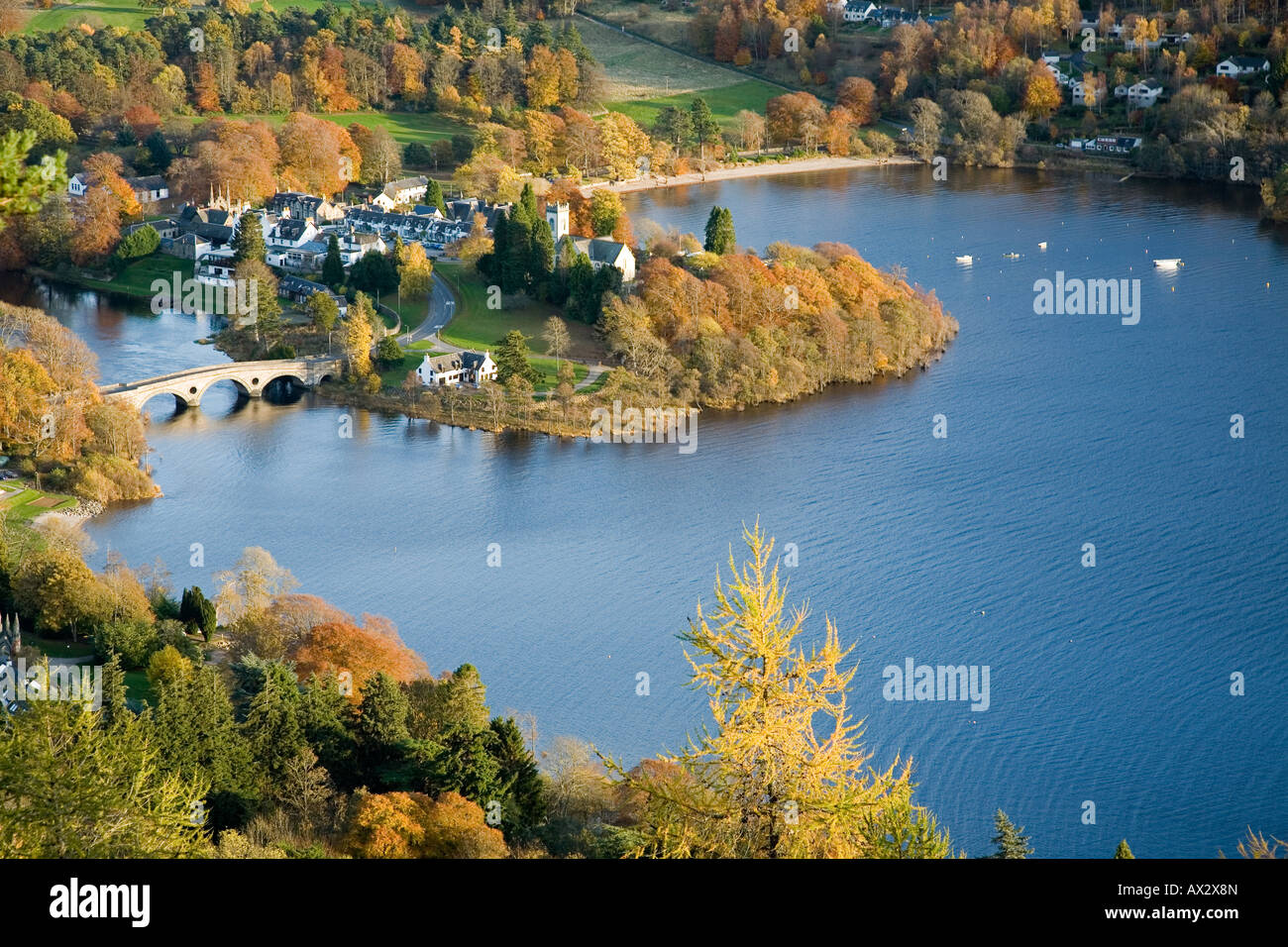 View looking down over Loch Tay to the village of Kenmore Stock Photo ...
