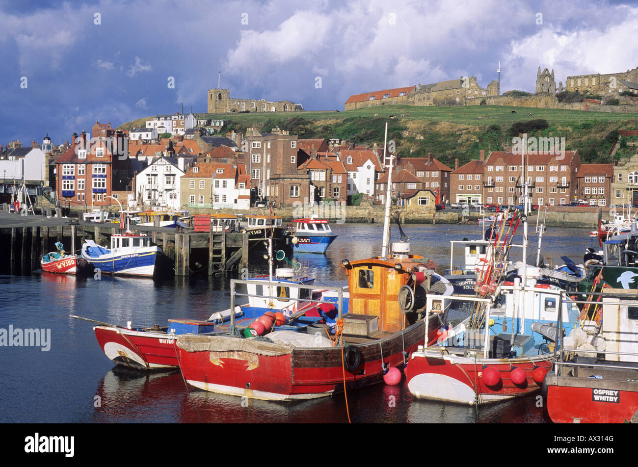 Whitby Harbour boats town Yorkshire England coast coastal red fishing ...