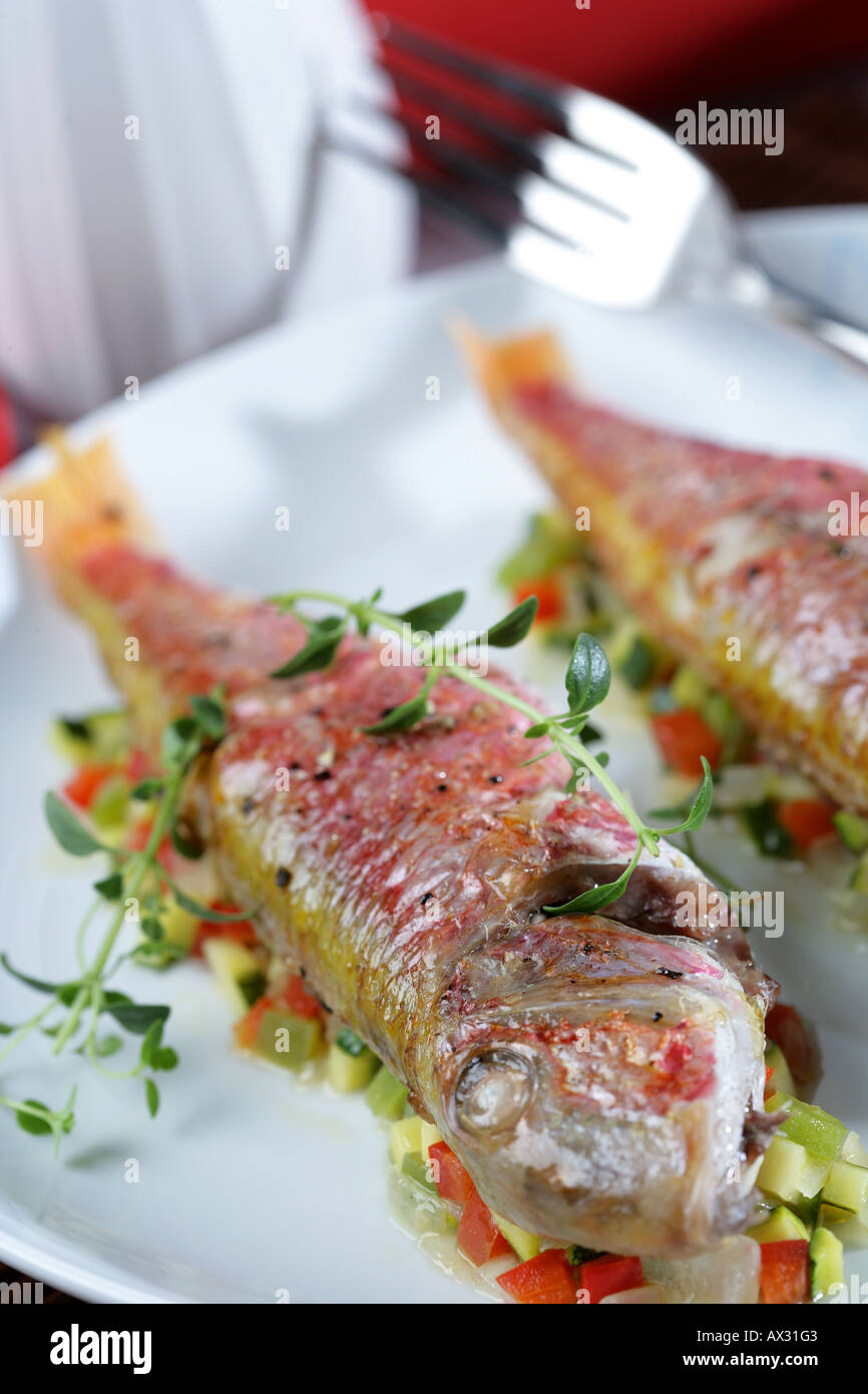 baked red mullets with thyme Stock Photo - Alamy