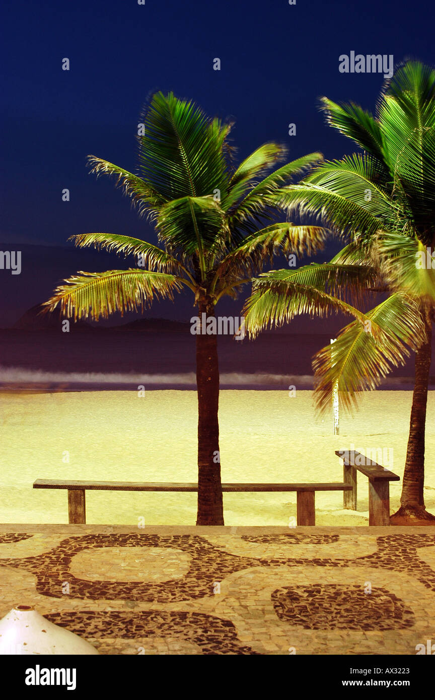 Palm tree bench and typical beachfront mosaic sidewalk at night Ipanema ...