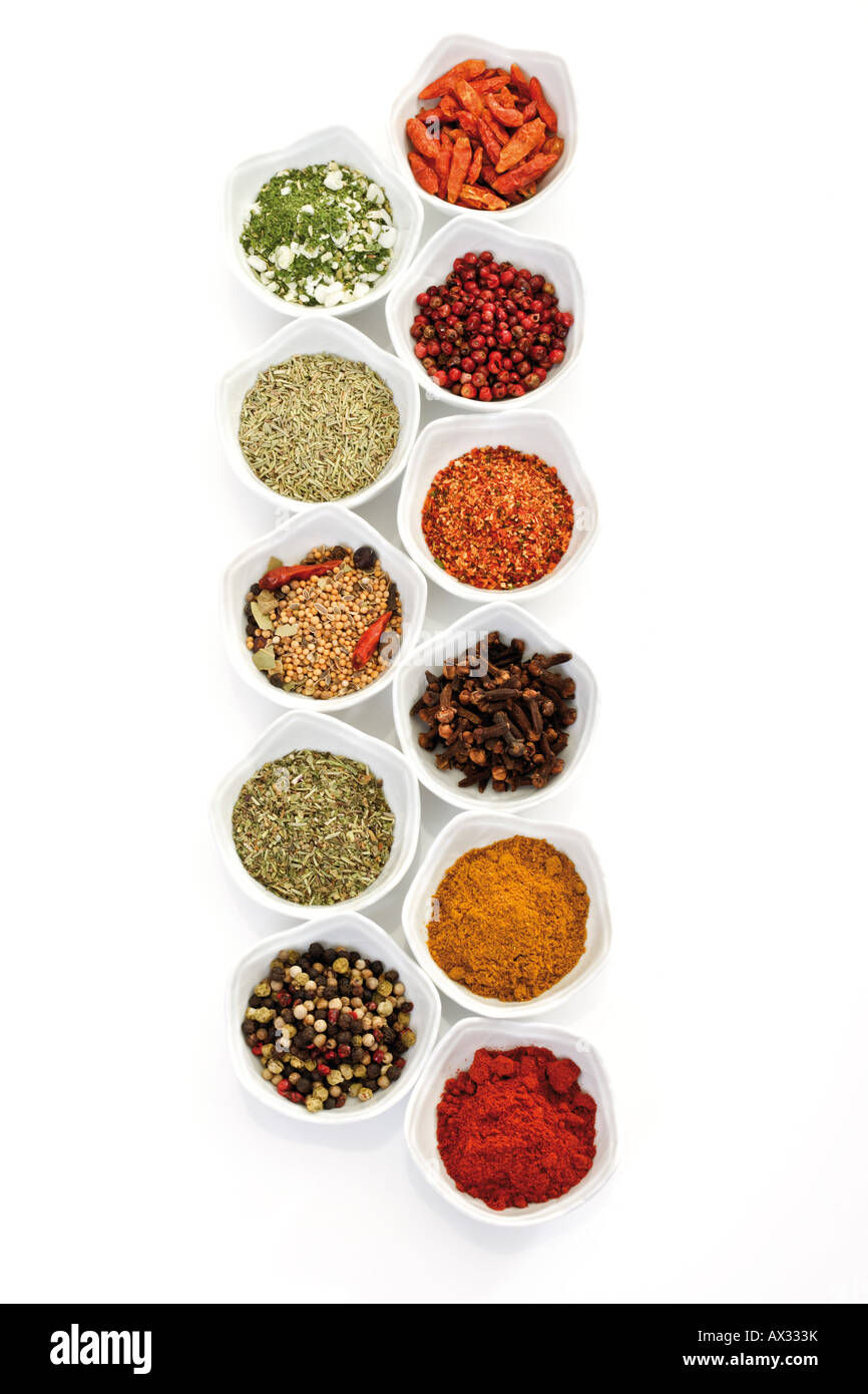 Variety of spices, elevated view Stock Photo - Alamy