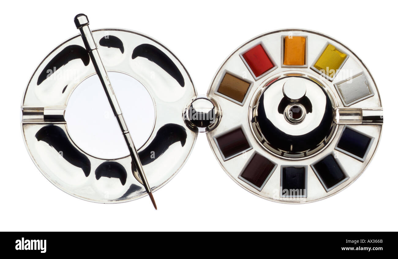 silver artist's paint box and brush Stock Photo - Alamy