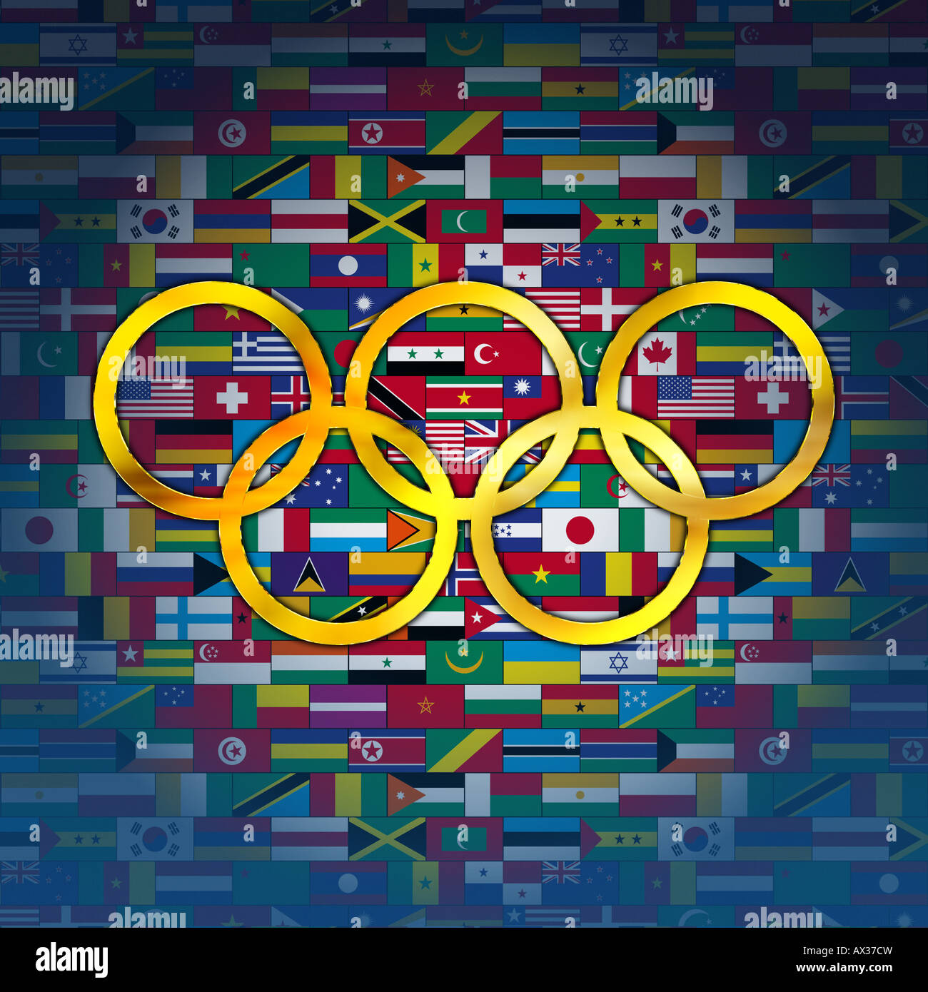 Golden olympic rings over a mass of international flags Stock Photo - Alamy