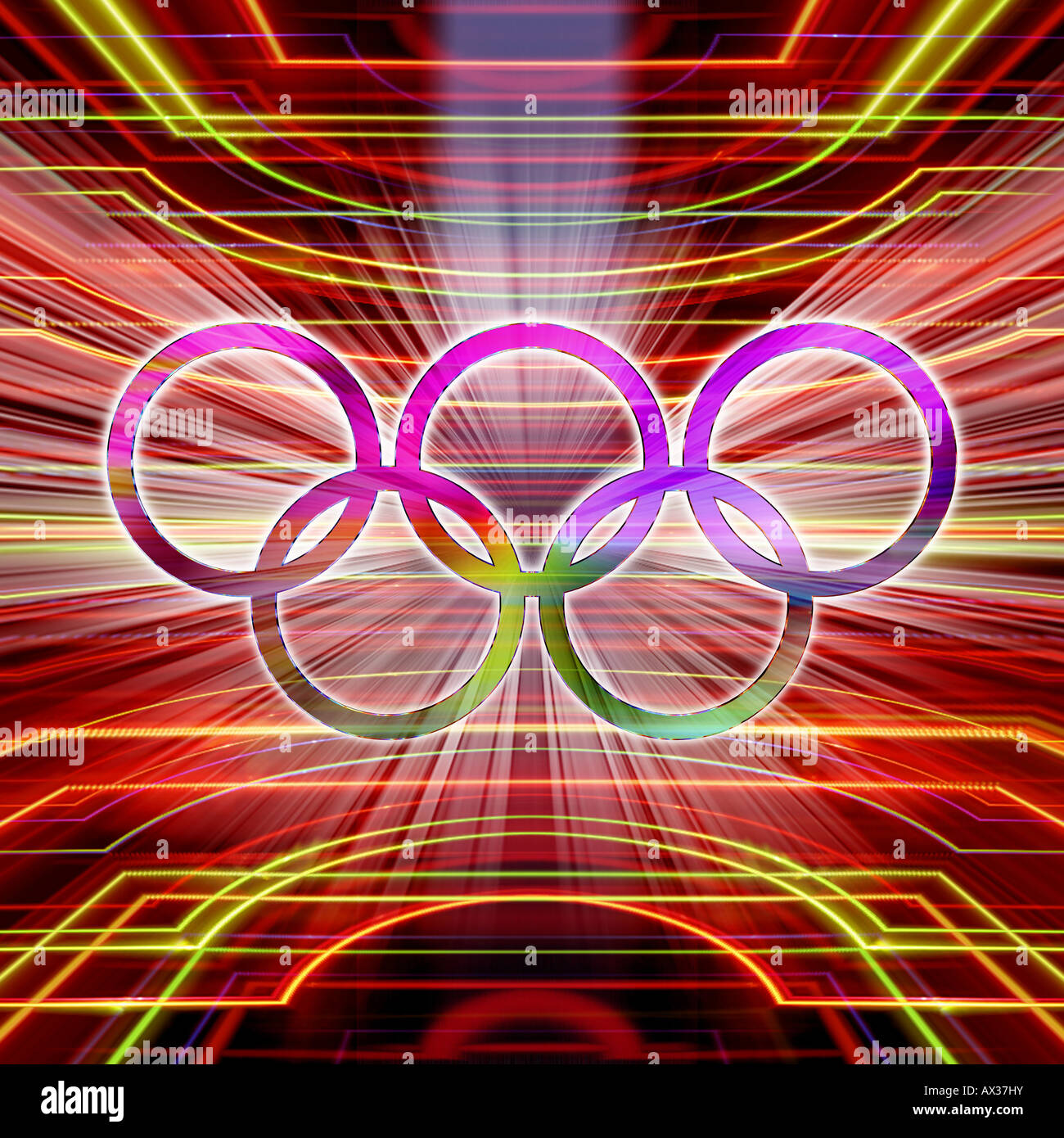 Olympic rings in mostly violet or pink hues inside imaginary geometric ...