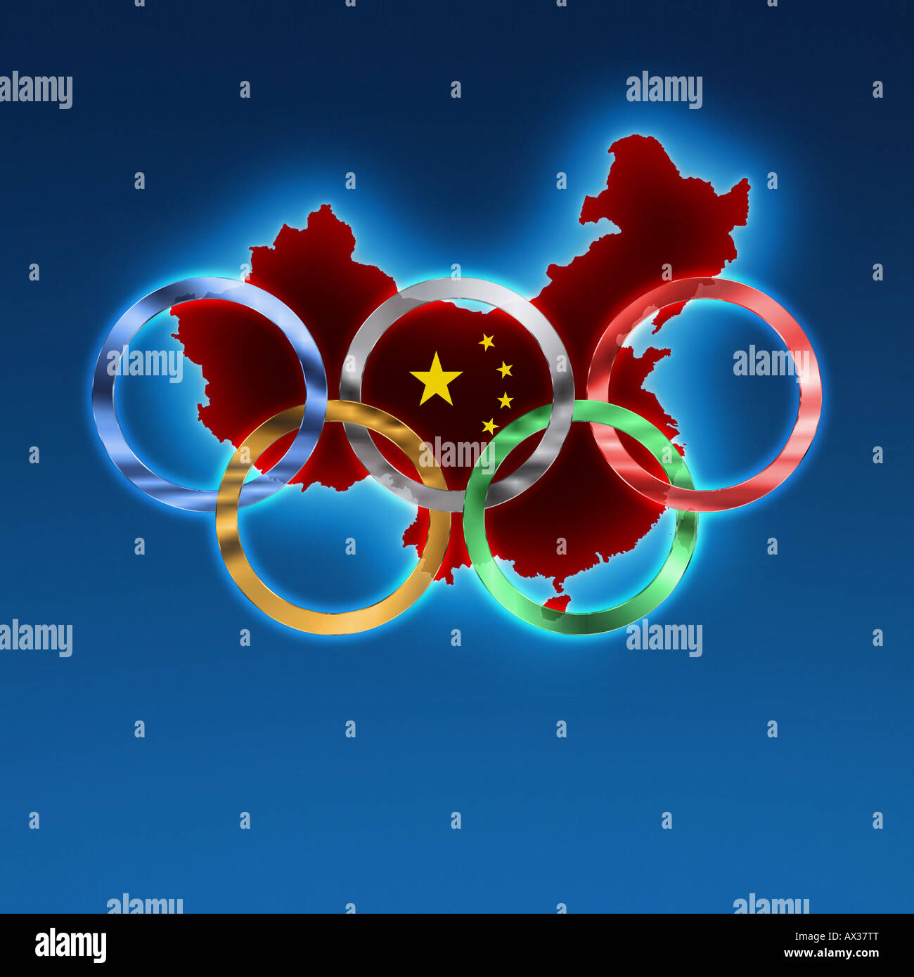 Olympic rings over stylized map of China Stock Photo - Alamy