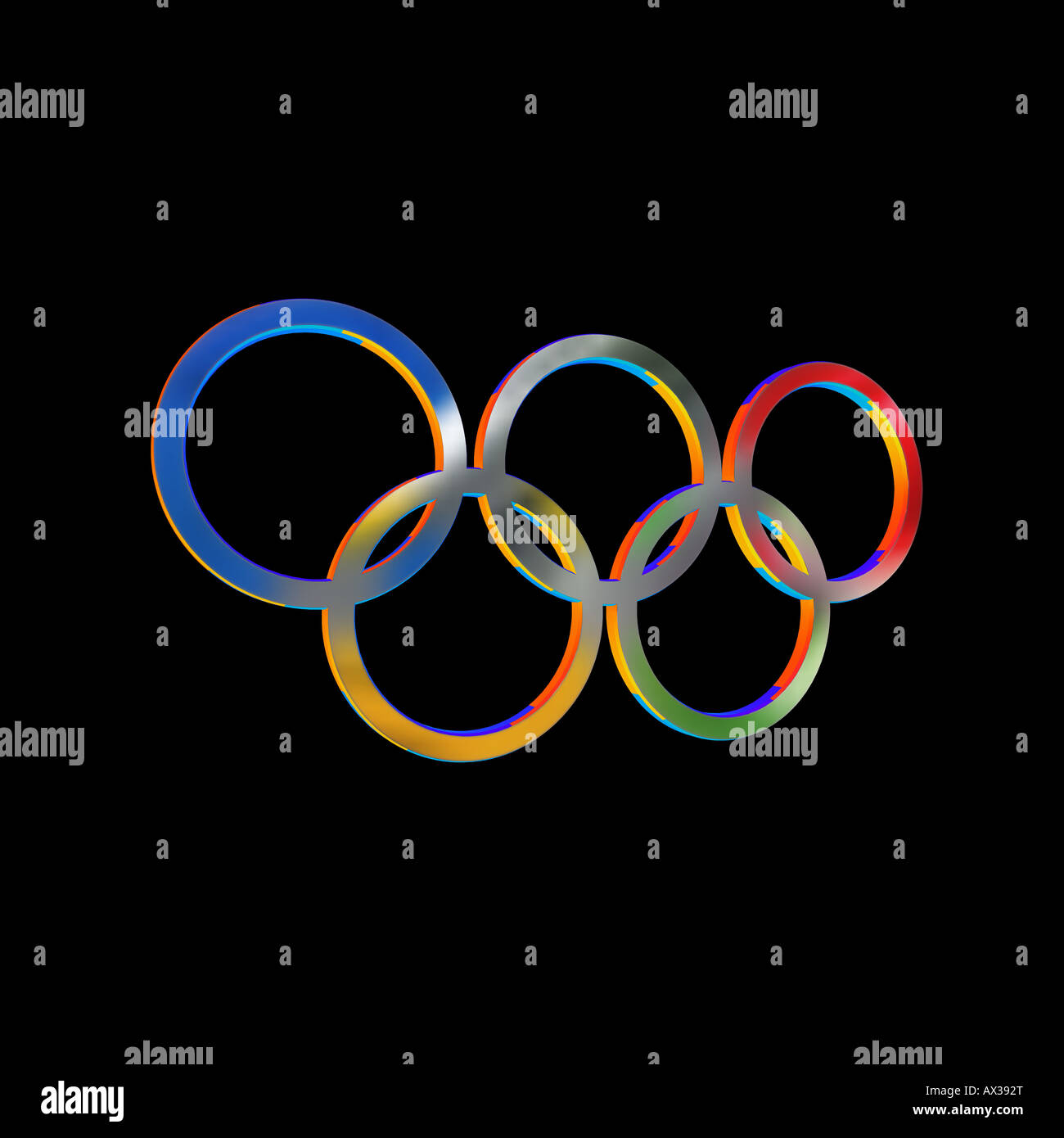 Artistic interpretation of the five olympic rings against a black ...