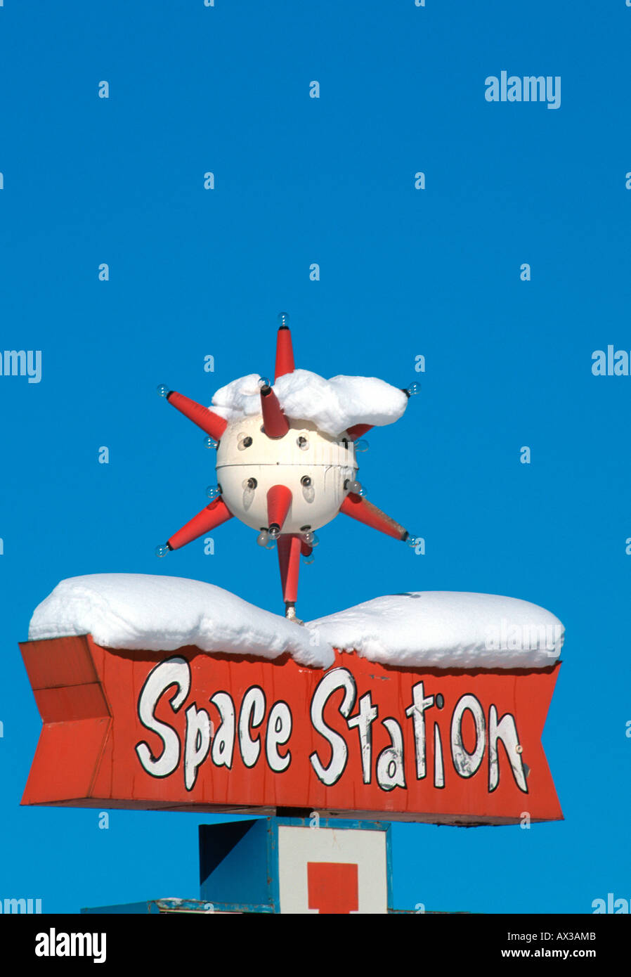 Snow on Space Station historic sign Steamboat Springs CO USA Stock ...