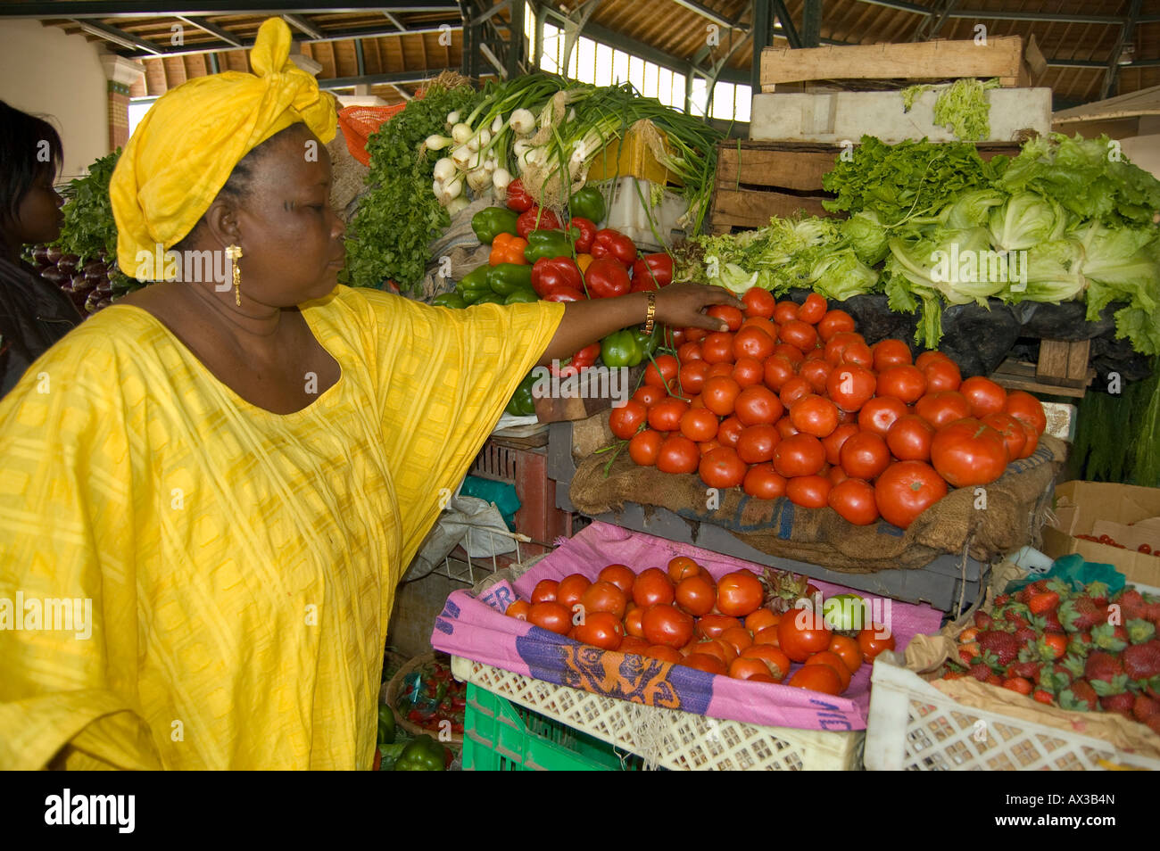 Travel, Senegal, Dakar, Local woman, Vegetable vendor in central market ...