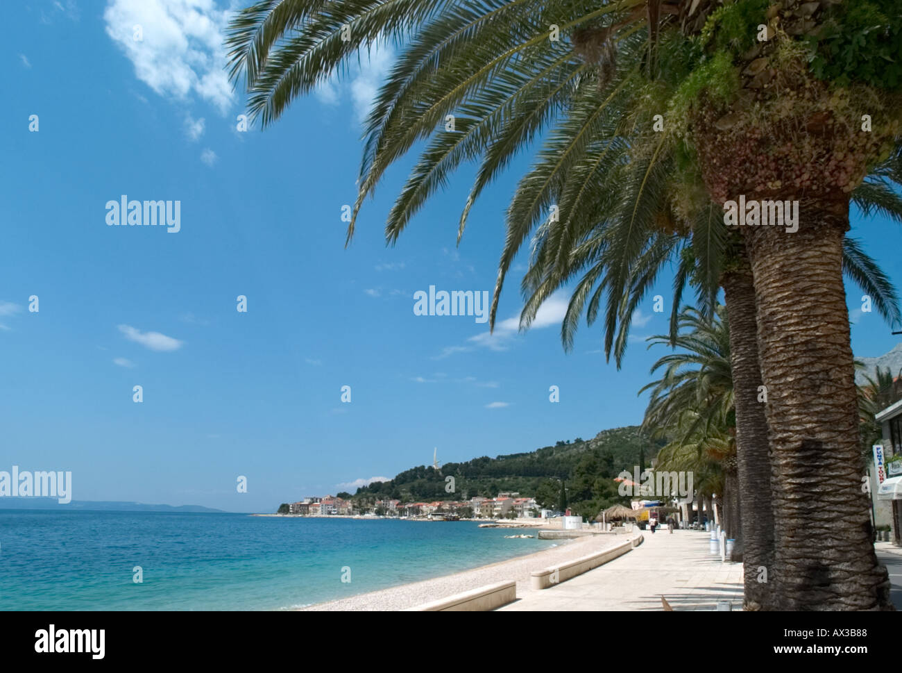 Beach and seafront promenade, Podgora, Makarska Riviera, Dalmatian ...
