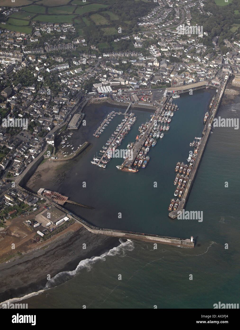 Aerial view from Isles of Scilly helicopter Newlyn Cornwall England and ...