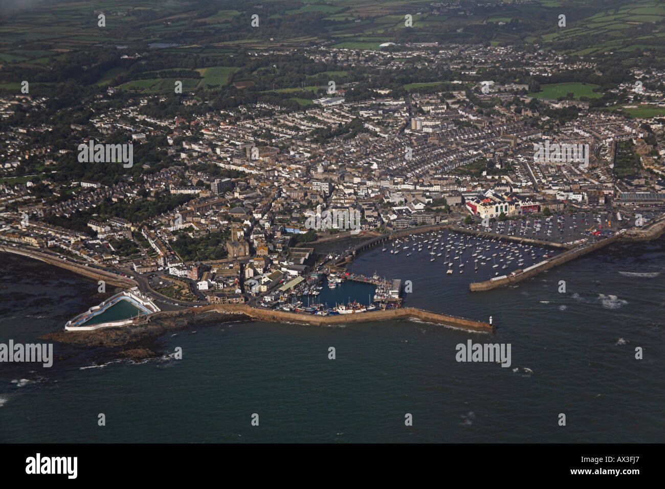 Aerial view from Isles of Scilly helicopter Penzance Cornwall England ...