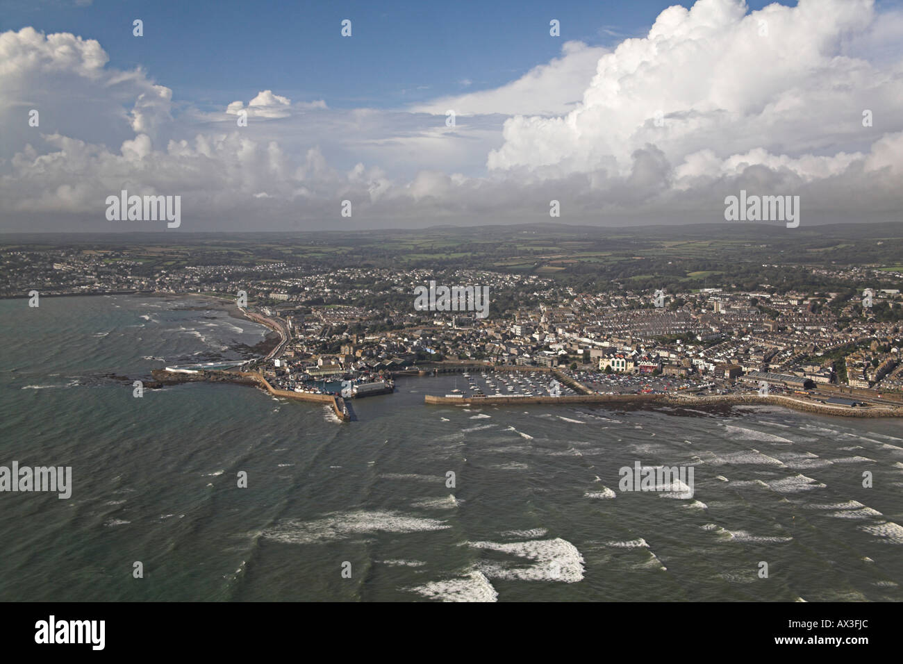 Aerial view from Isles of Scilly helicopter Penzance Cornwall England ...