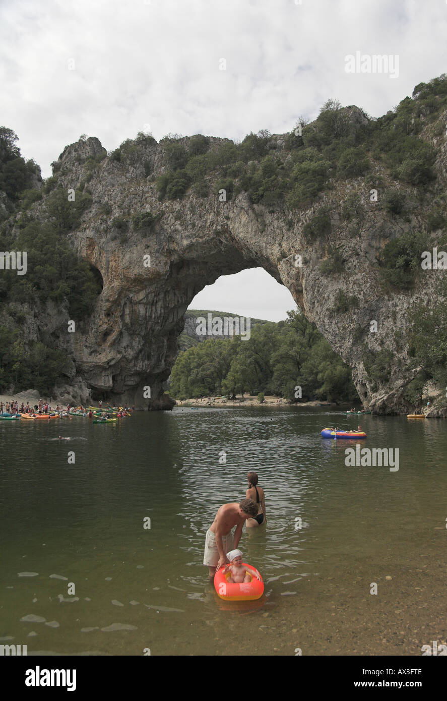 Canoes at Pont d'Arc a natural arch over the Ardeche River the Ardeche ...