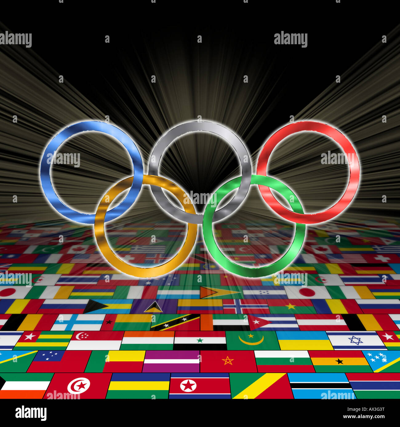 Olympic rings over endless expanse of international flags Stock Photo ...