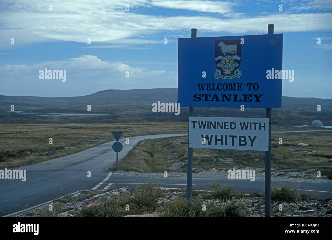 Welcome to Stanley Twinned with Whitby Sign Falkland Islands Stock ...