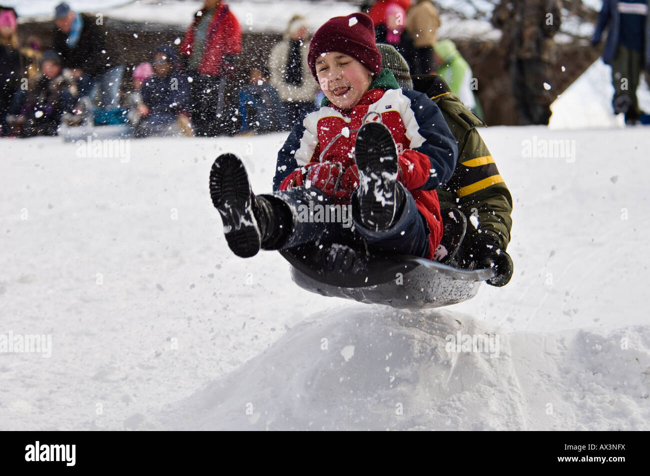 Two Boys on Sled Going Over Jump at Cherokee Park Louisville kentucky ...