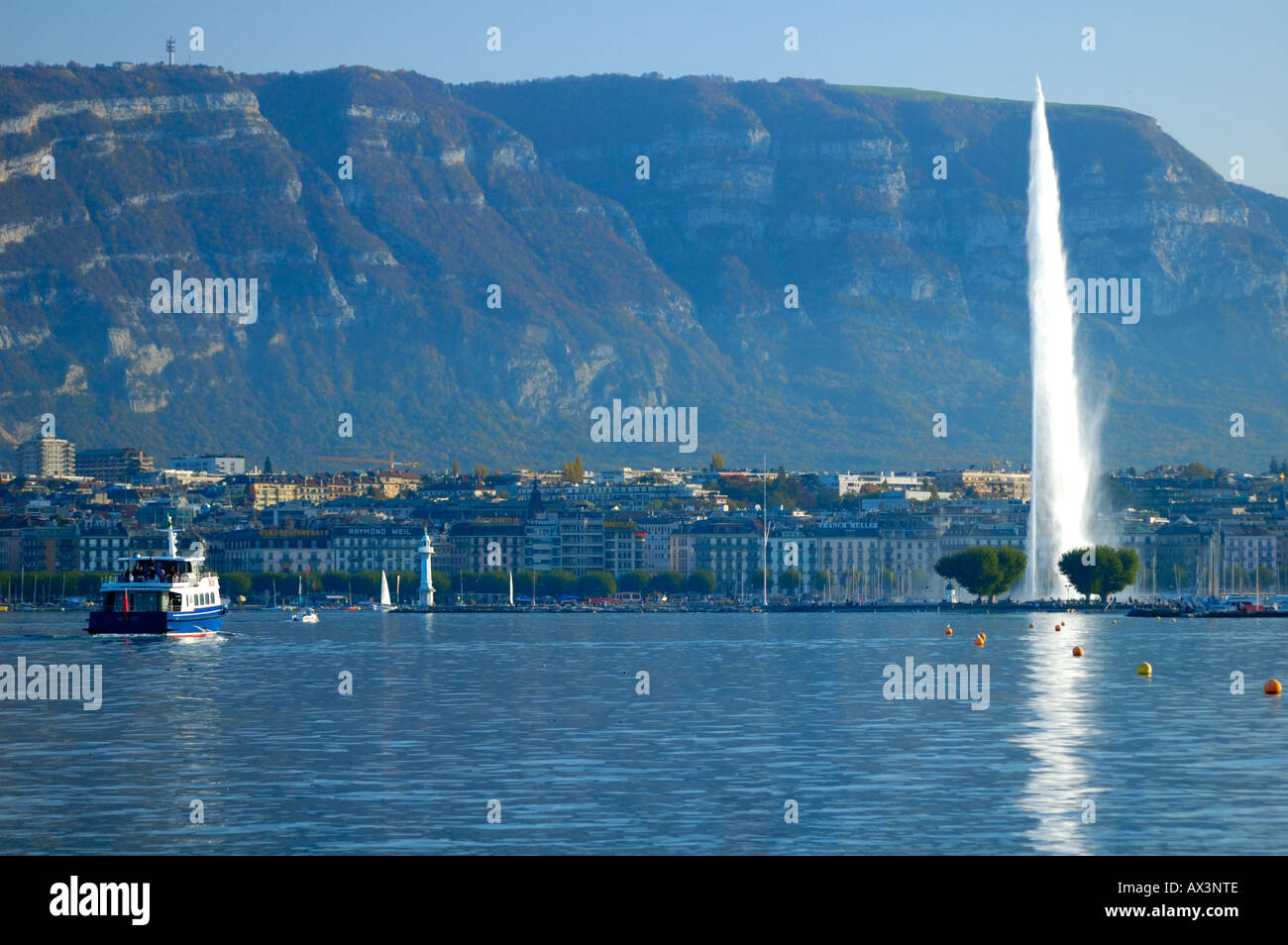 Lac Leman at Geneva, with the famous Jet d'Eau fountain. In the ...