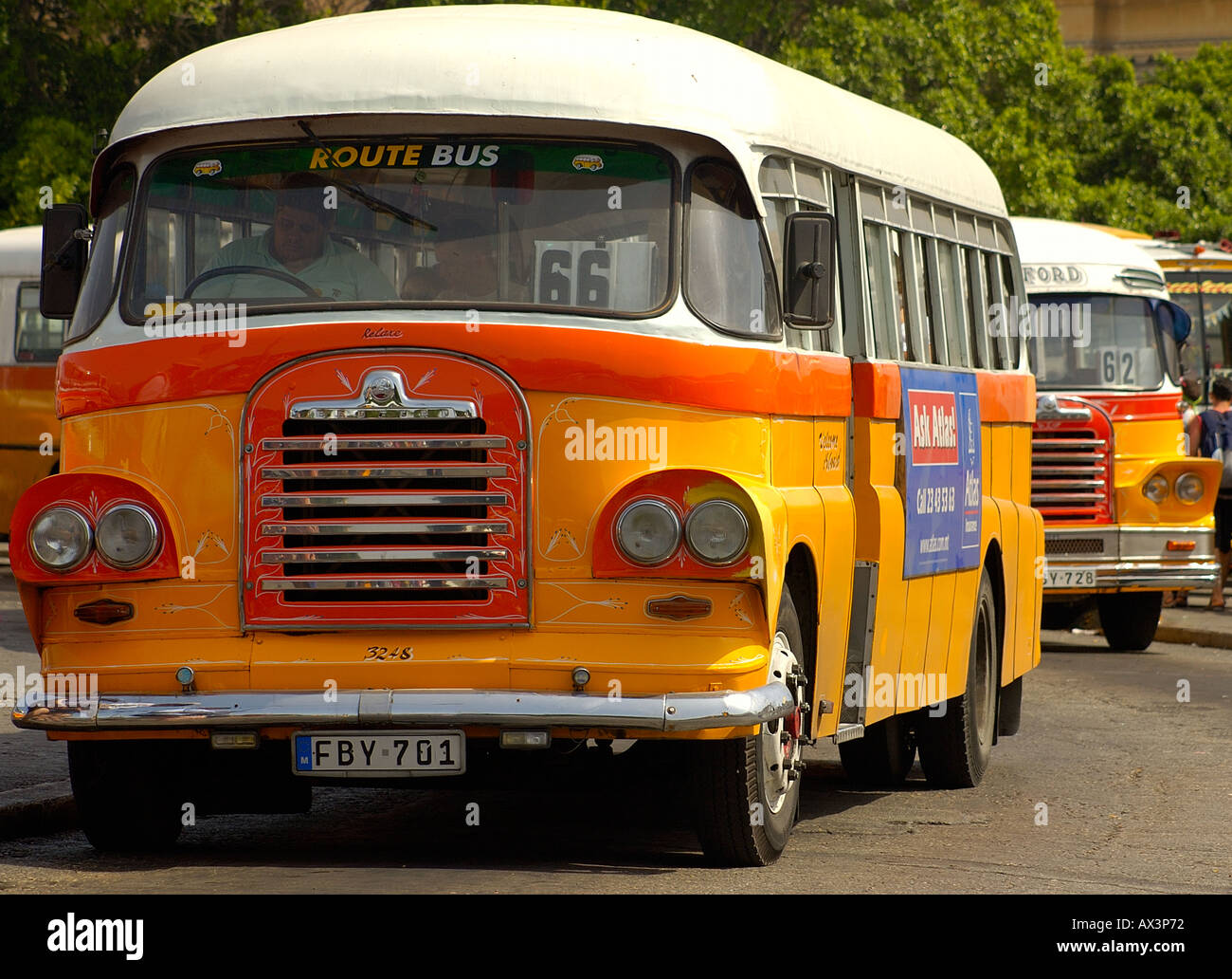 Old-fashioned vintage Maltese public transport buses/coaches, which ...